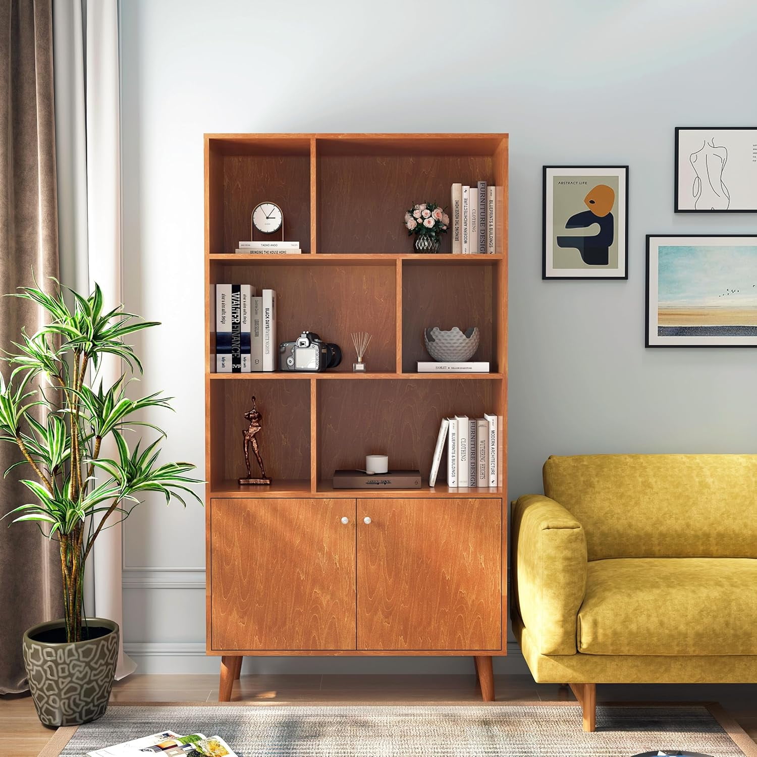 Modern Bookcase with Doors, Bookcase with Storage Open Shelves, 3-Tier ...