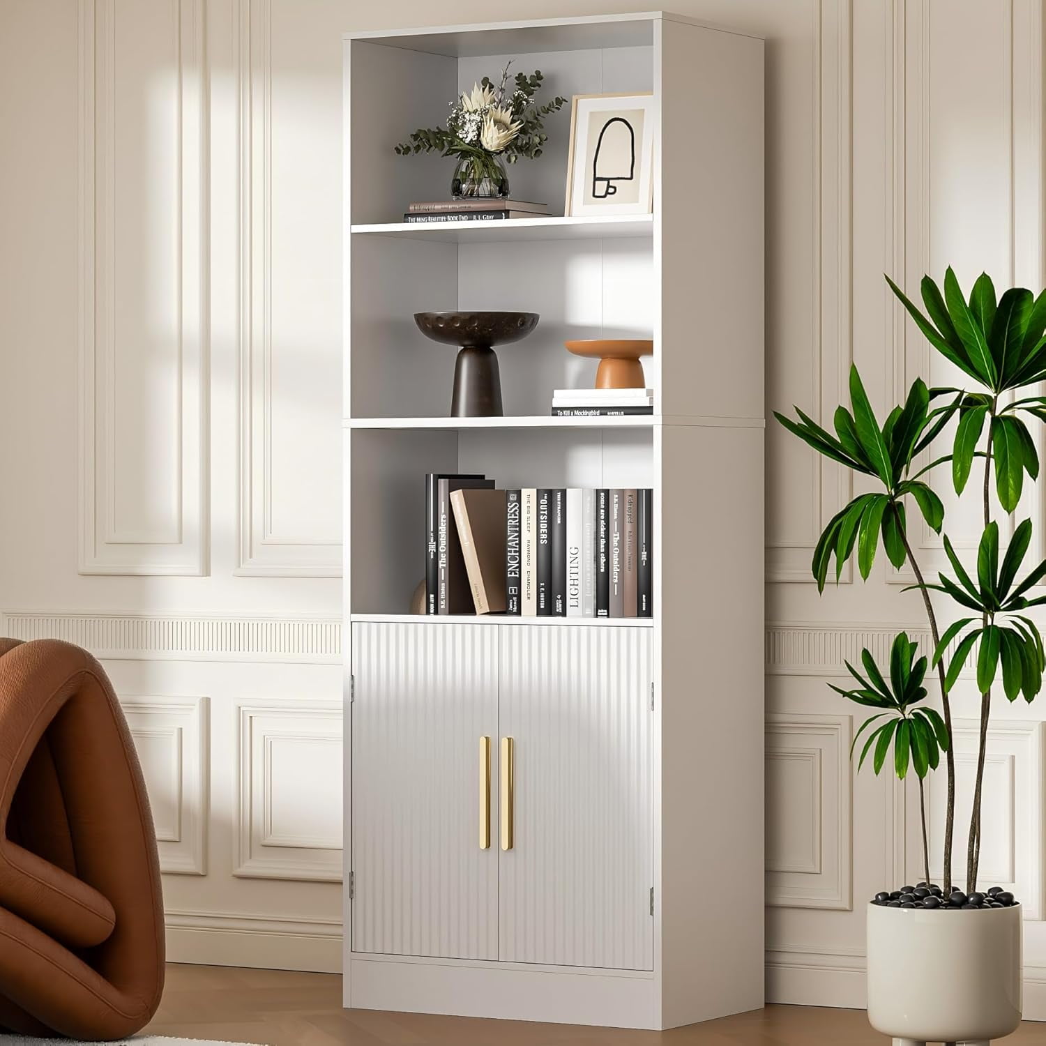 Modern Bookshelf with Doors, 63" Tall Bookshelf with Storage, 3 Shelf ...