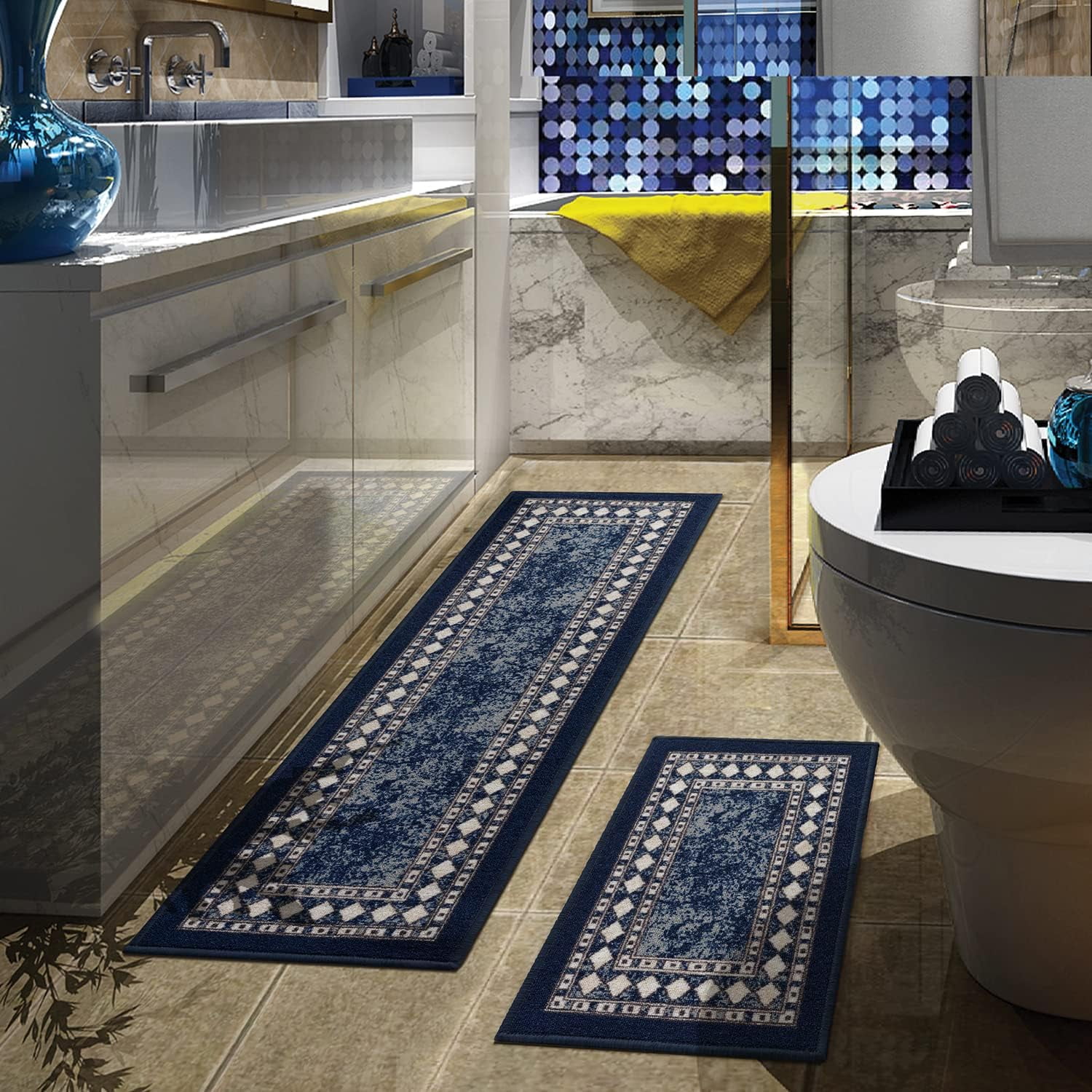 Modern Bordered 2pc Non-Skid (Non-Slip) Low Profile Pile Rubber Backing ...