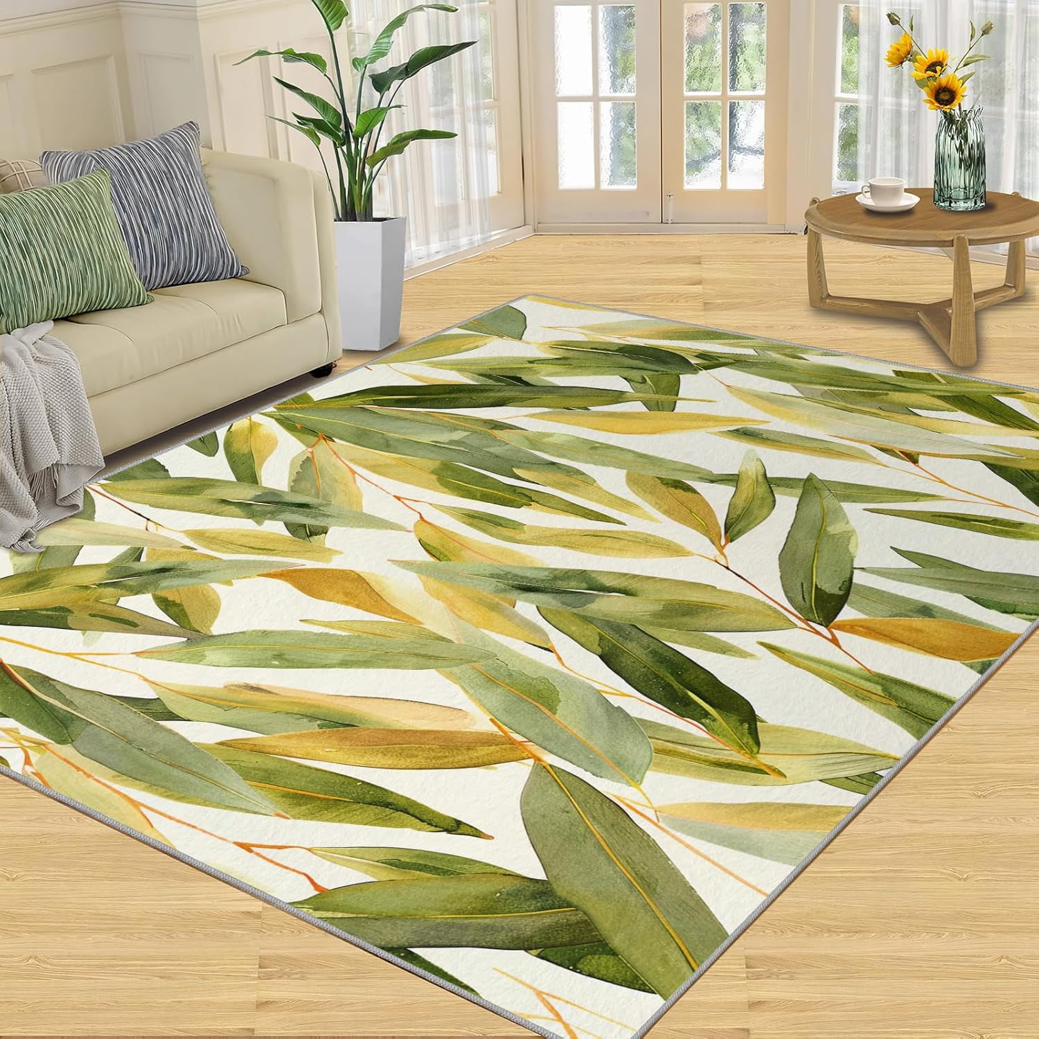 Modern Botanical Area Rug Green Watercolor Leaves Bedroom Rug, Beige ...