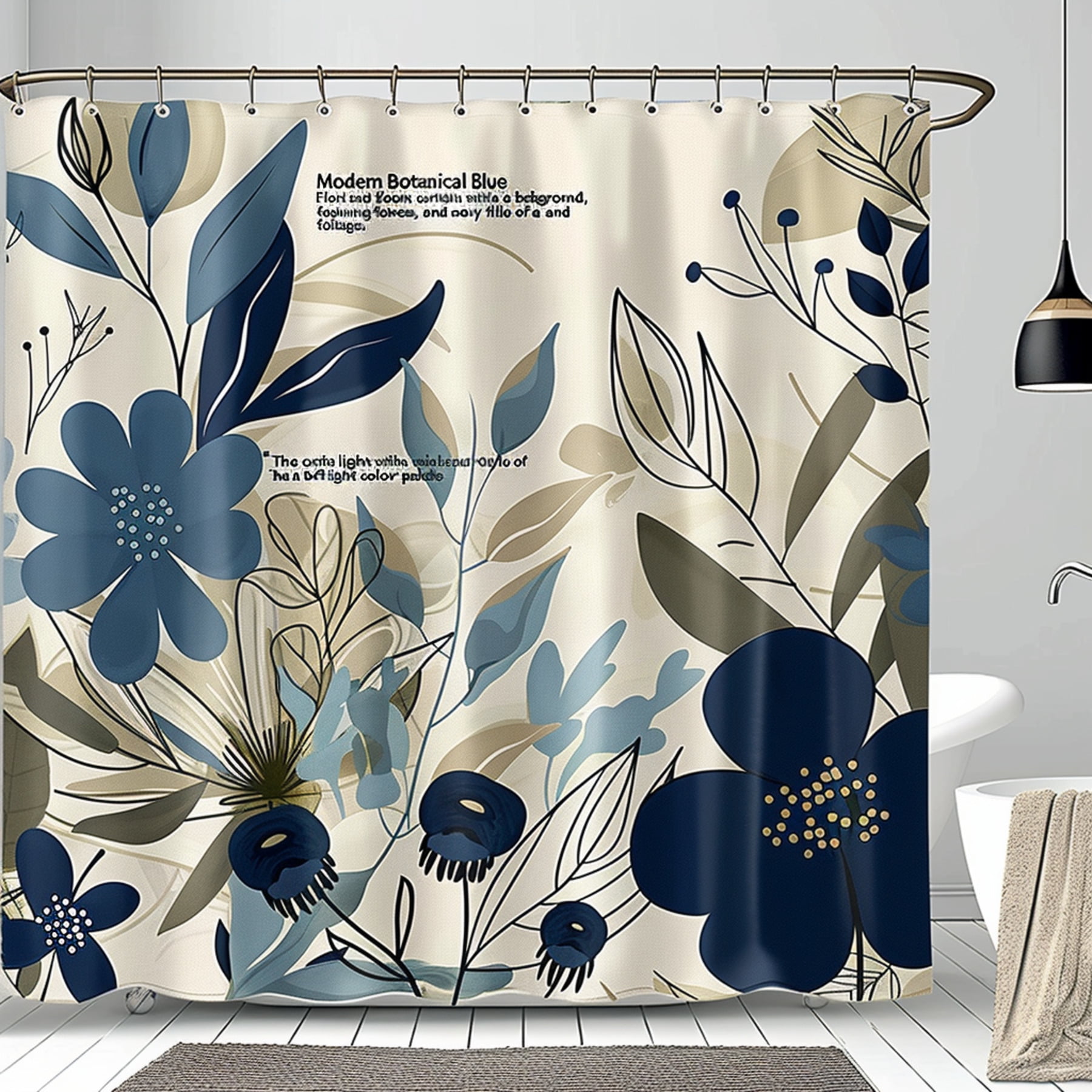Modern Botanical Blue Floral Shower Curtain With Beige Background