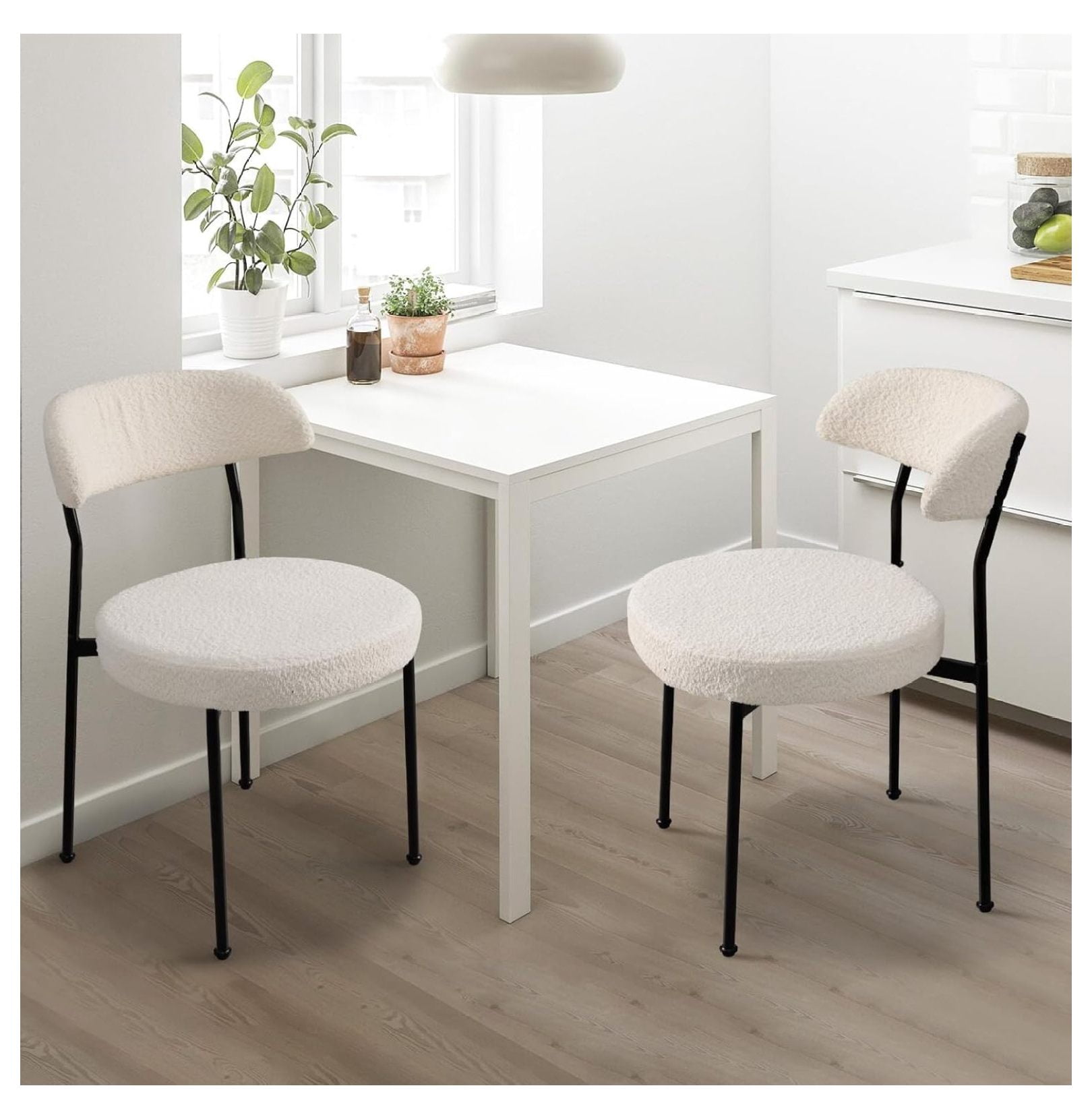Modern Boucle Dining Chair Set of 2 with Round Lambswool Upholstered ...