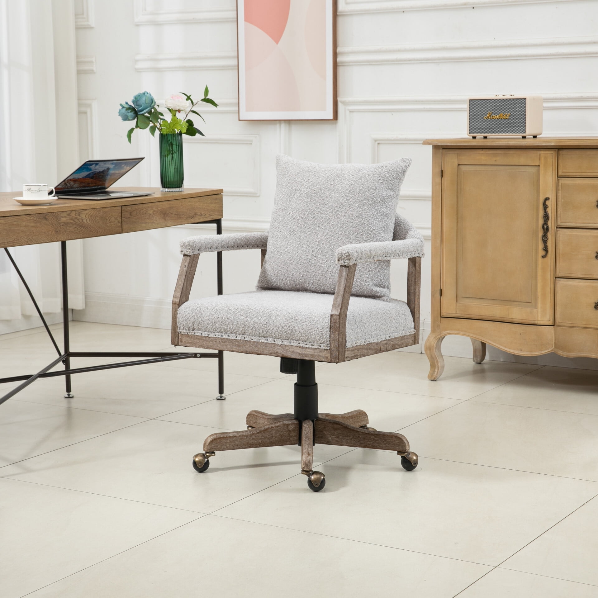 Modern Boucle Fabric Office Chair, Computer Chair with Wooden Frame ...