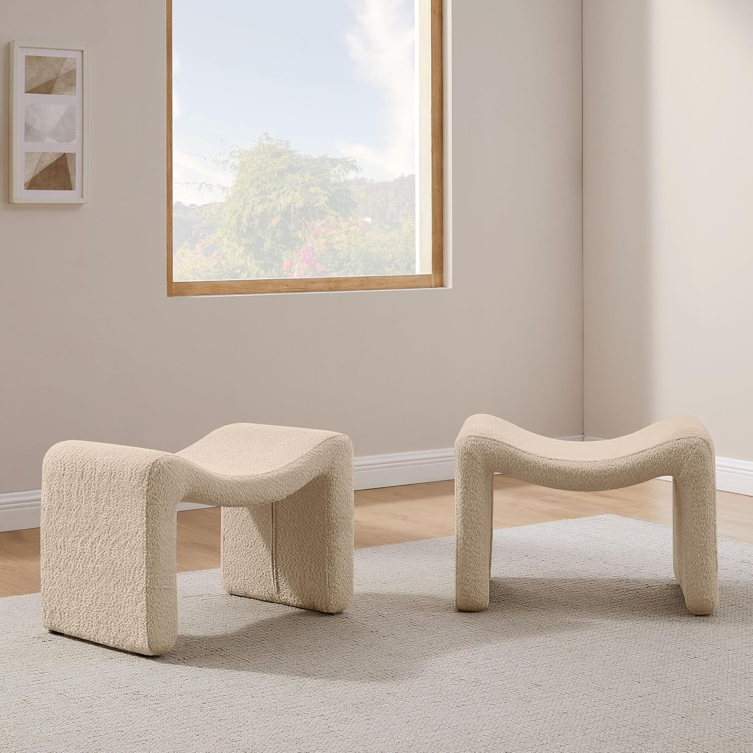Modern Boucle Ottoman, Vanity Stool Chair, Foot Stool with Wooden Legs ...