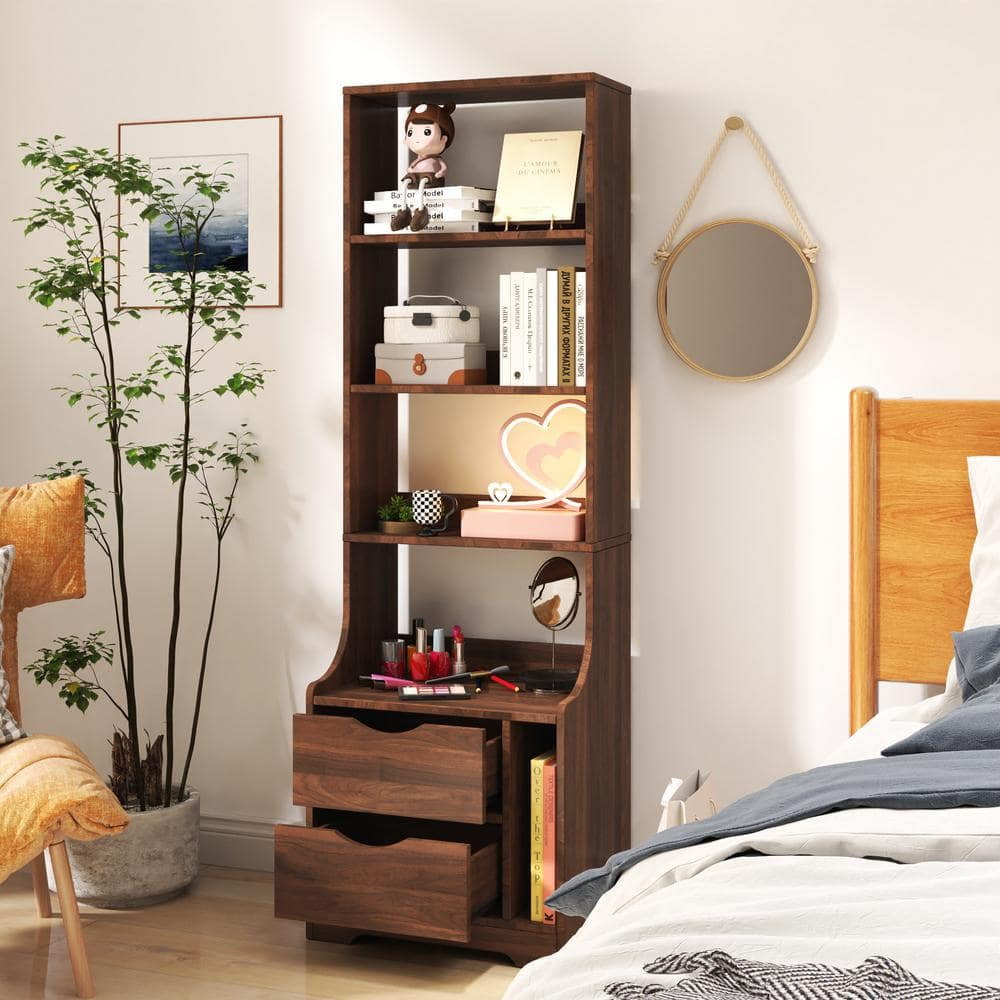 Modern Brown 2 Drawer Tall Nightstand Bedside Table with Bookshelf and ...