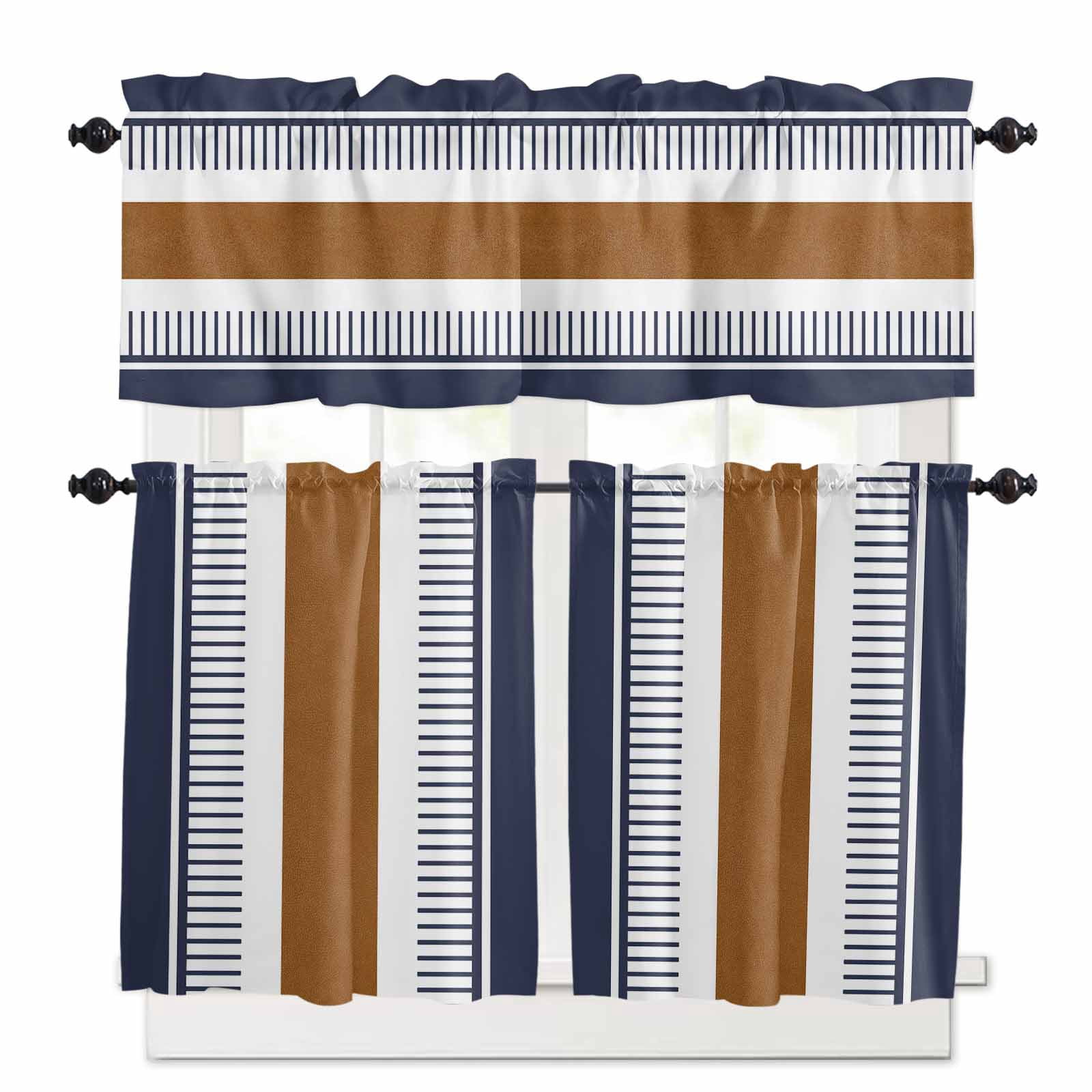 Modern Brown Blue Kitchen Curtains and Valances Set, 3 Piece Kitchen ...