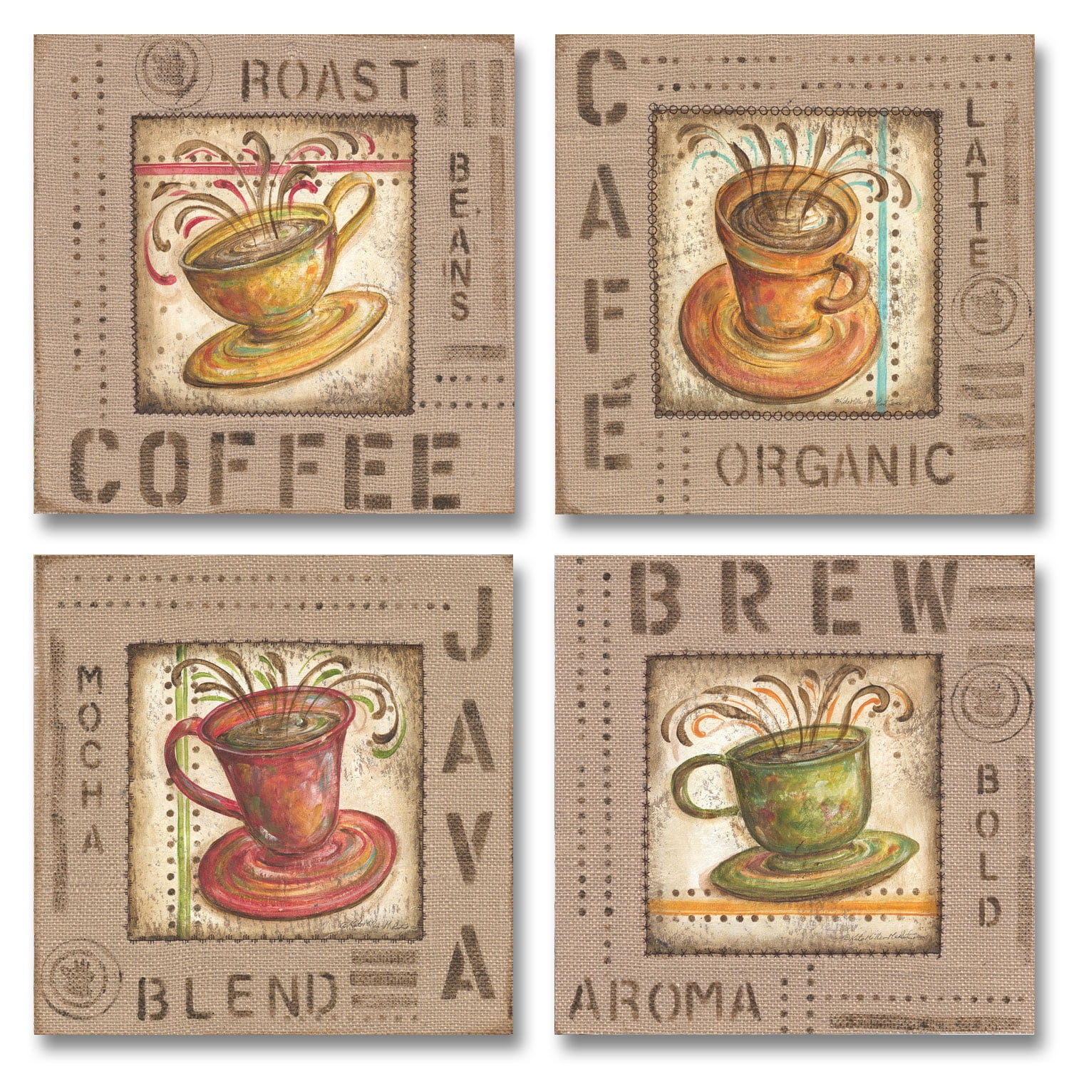 Modern Brown Coffee Cup Adult Kitchen Decor Set; 4- 12" x 12" Unframed ...