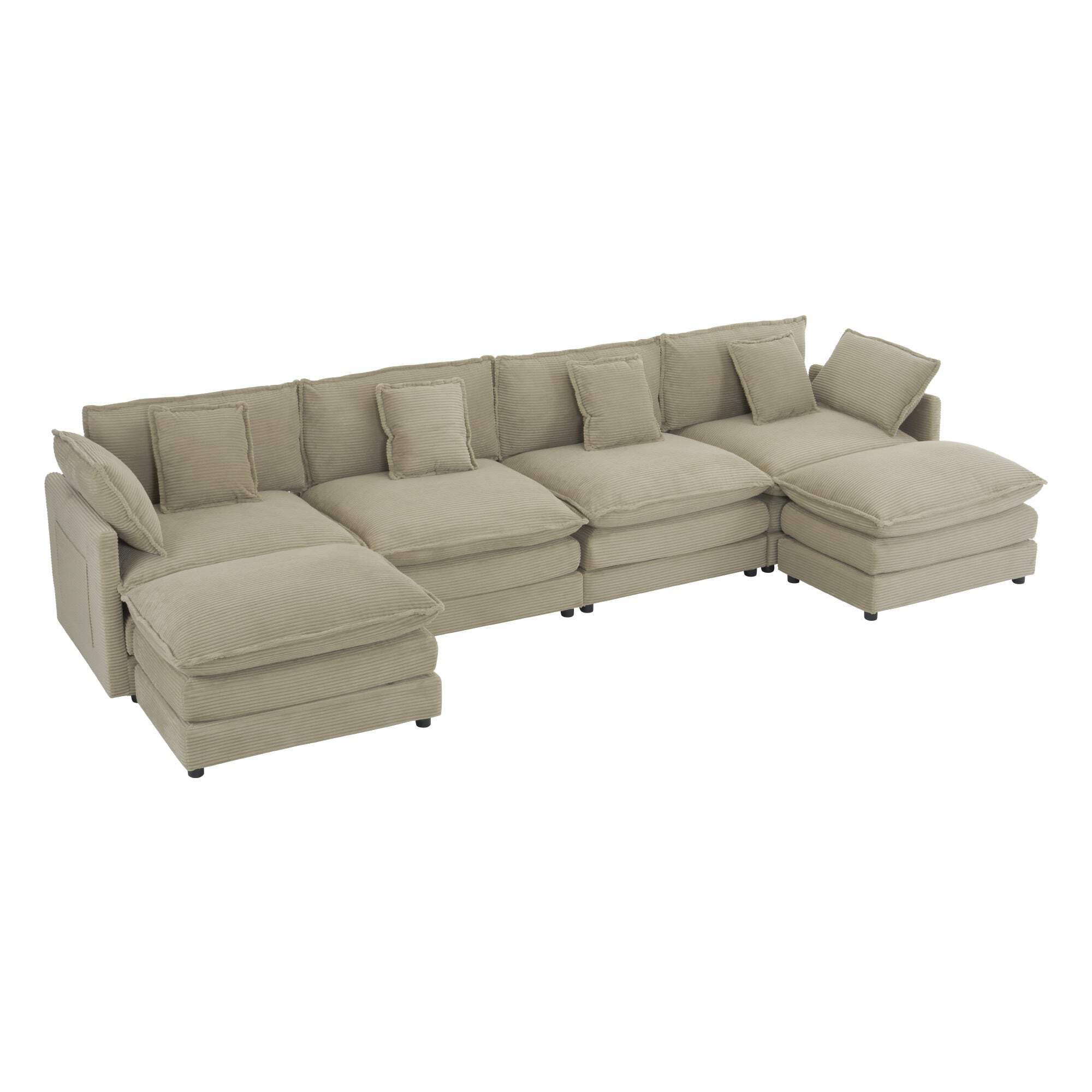 Modern Brown Corduroy Modular Sofa Couch with Side Storage Pockets and ...