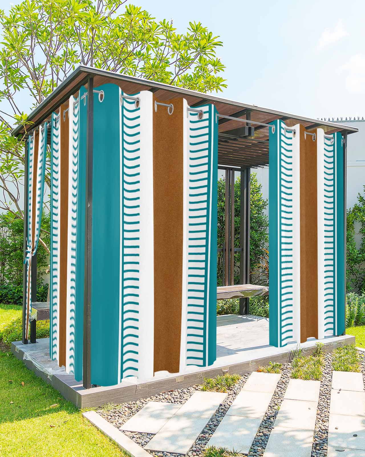 Modern Brown Teal Outdoor Curtains for Patio, Boho Contemporary ...