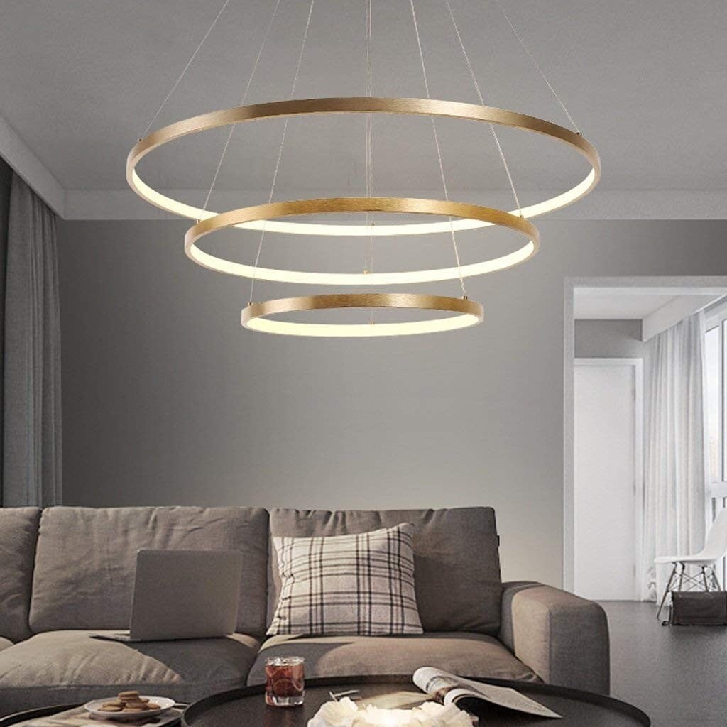 Modern Brushed Gold 3 Rings LED Pendant Light Fixture Color Temperature ...