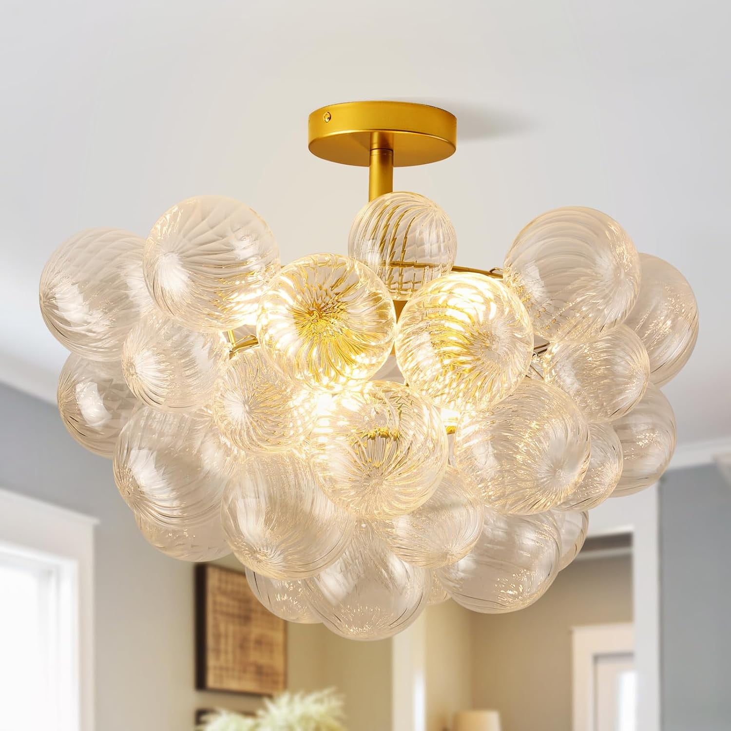Modern Bubble Ball Chandelier Lighting Dia 20 Inch Gold Clear Ribbed ...