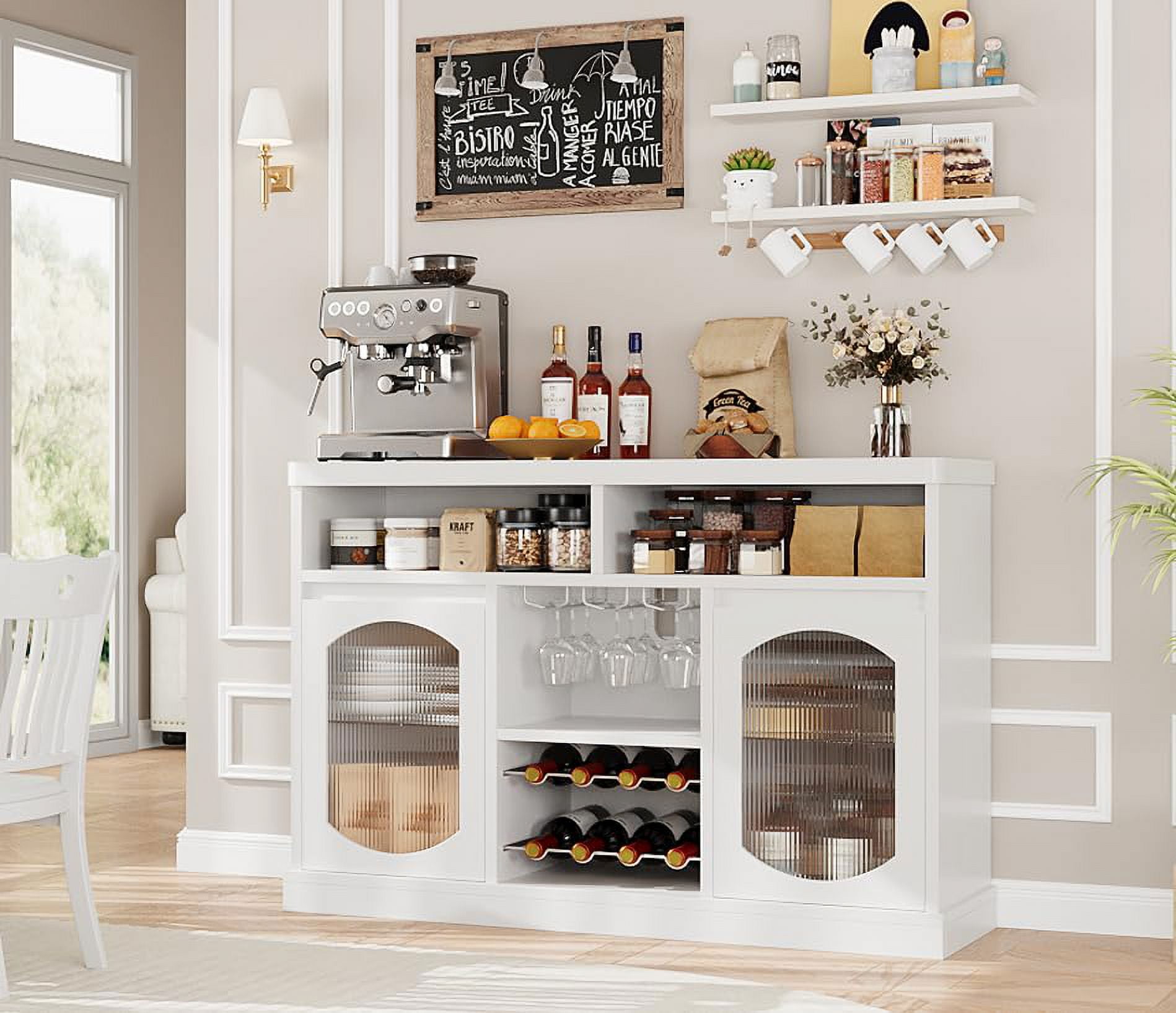 Modern Buffet Cabinet with Led Lights, White Sideboard with 2 Glass Doors, Ample Storage ...