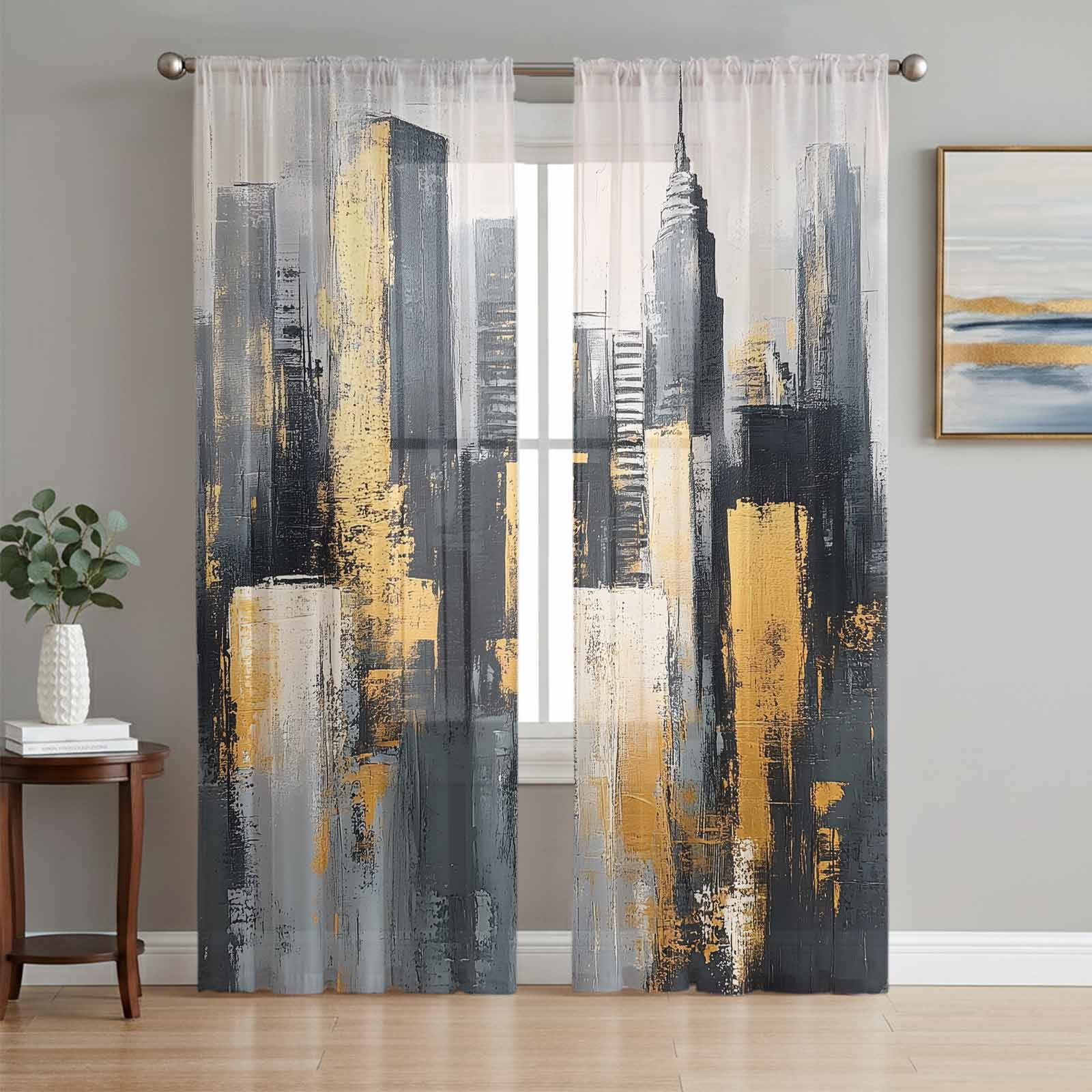 Modern Building Sheer Curtains 63 Inch Length 2 Panels Set, Chic Retro ...