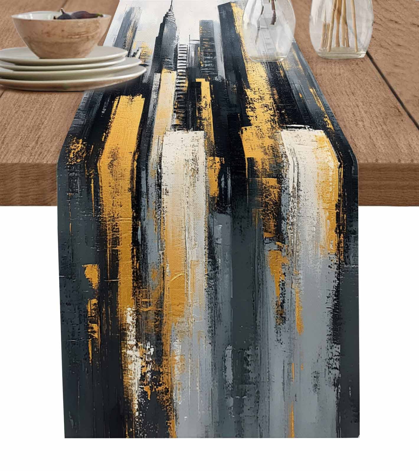 Modern Building Table Runner 72 Inches, Chic Retro Abstract City Oil ...