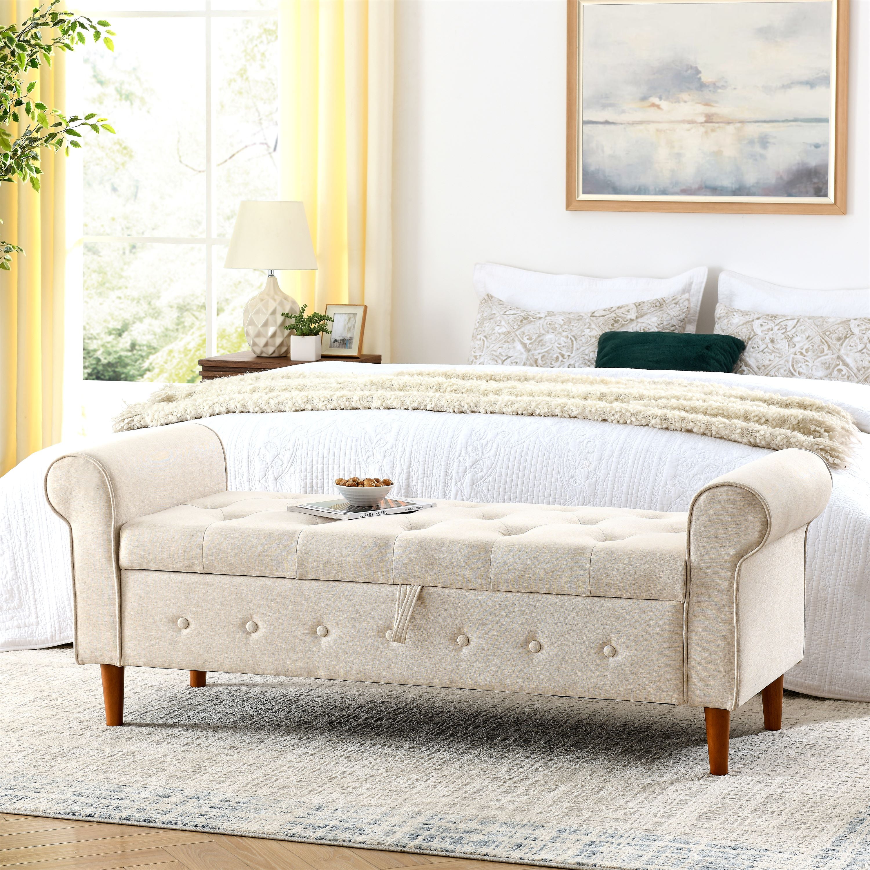 Modern Button Tufted End of Bed Bench, Linen Upholstered Storage ...