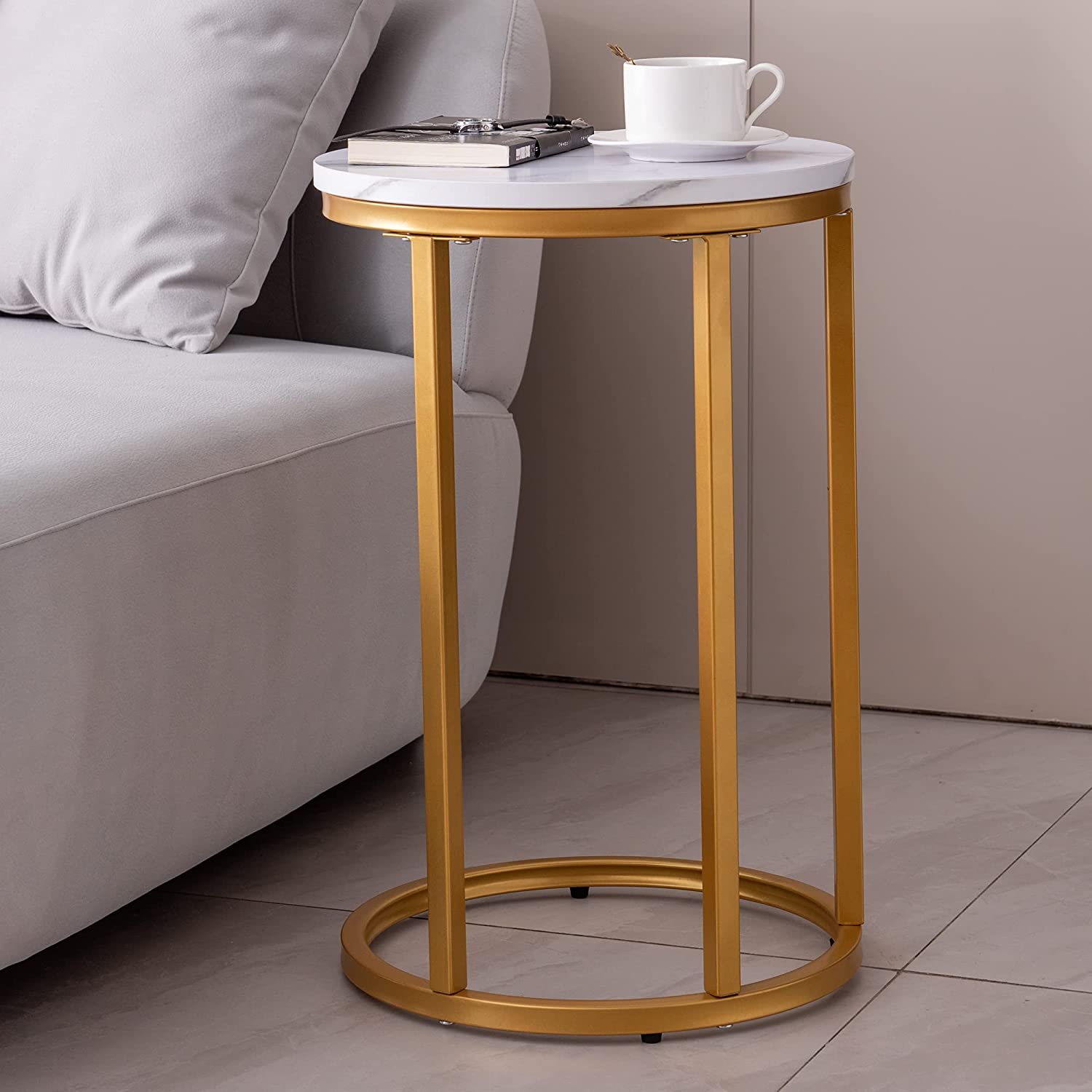 Modern C-Shaped End Tables Sofa Side Table with Golden Metal Frame and ...