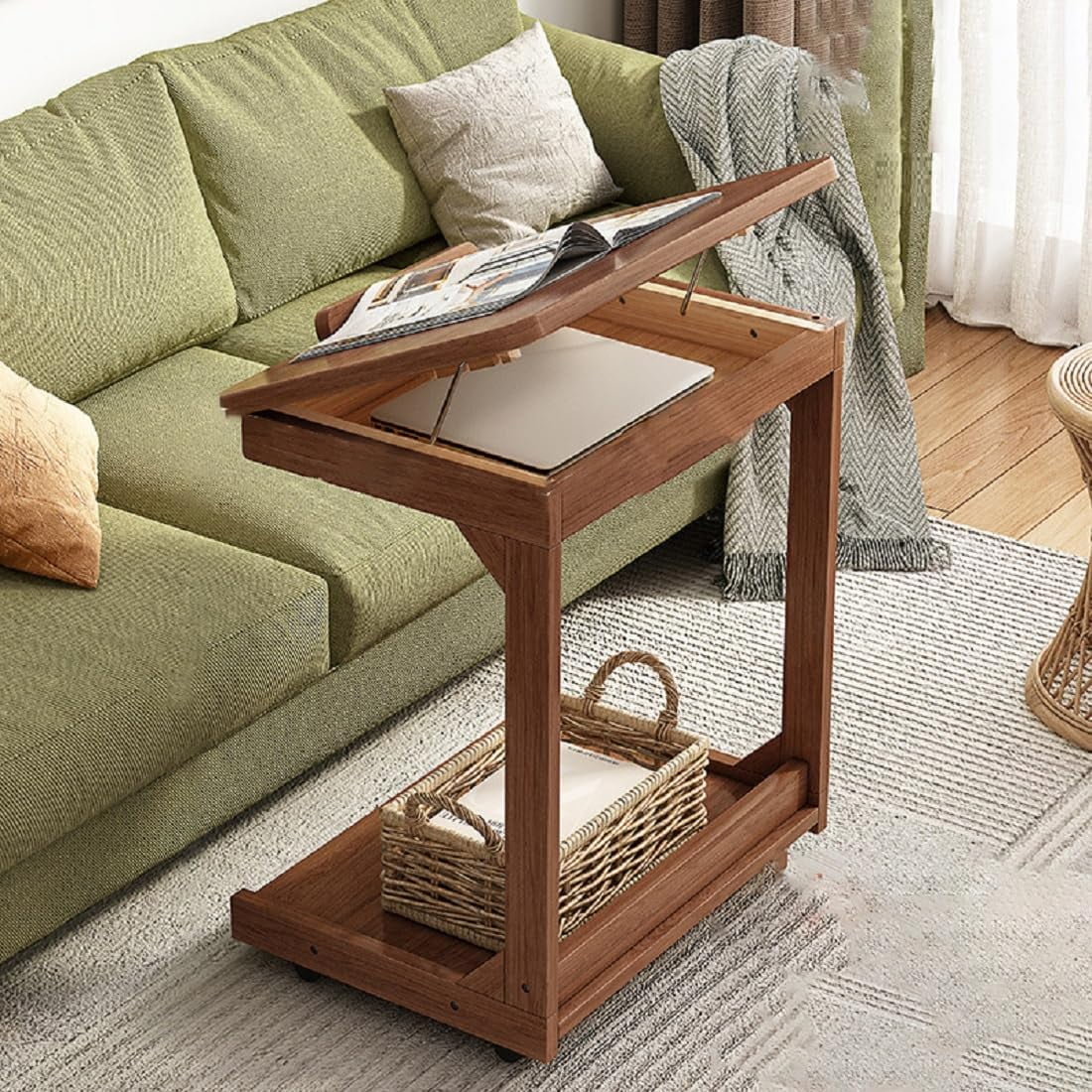 Modern C Table with Wheels, 2 Tier Small End Table C Shaped Table for ...