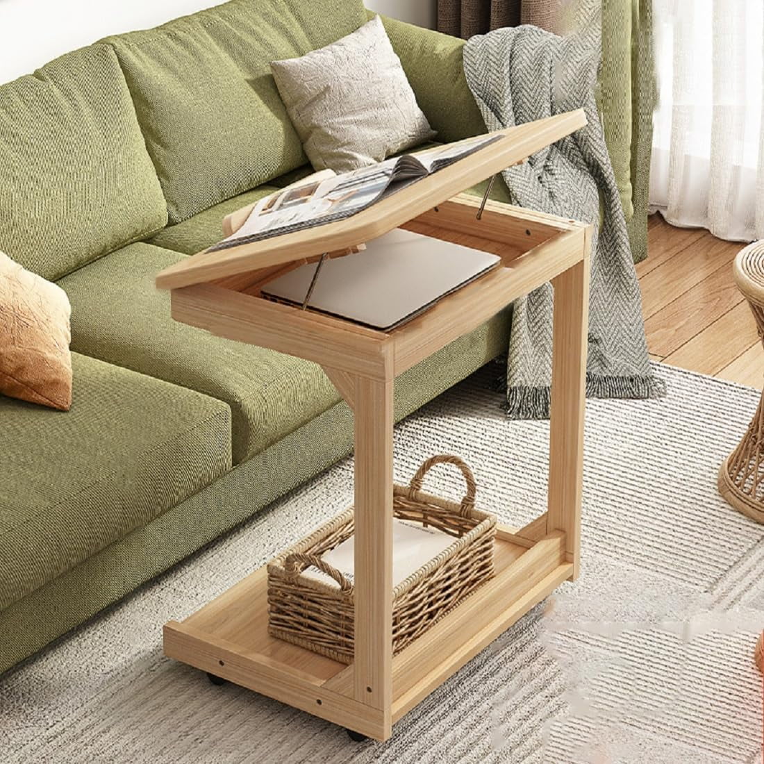 Modern C Table with Wheels, 2 Tier Small End Table C Shaped Table for ...