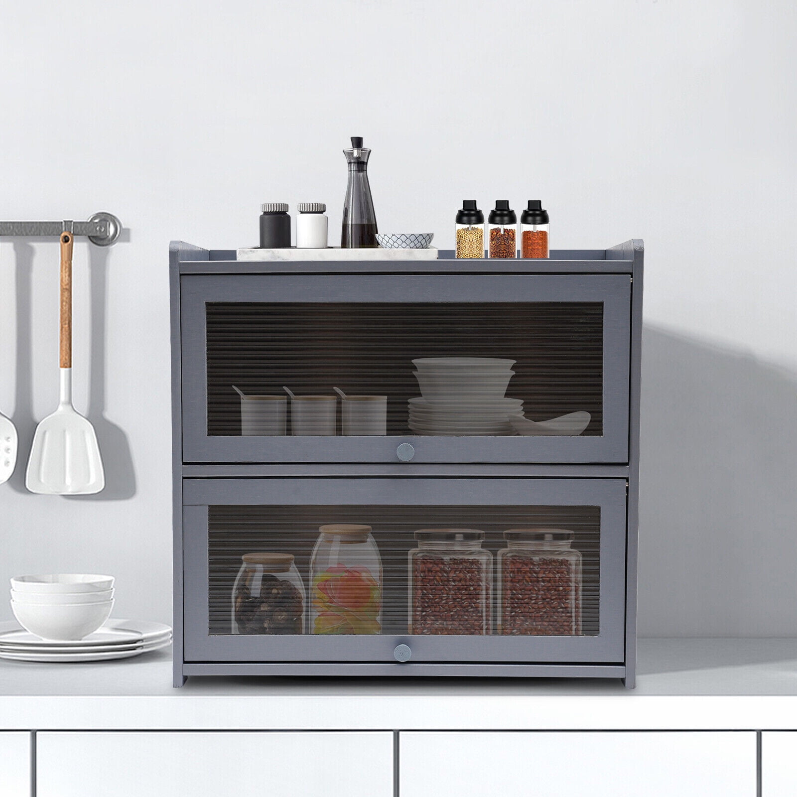 Modern Two-Tier Storage Cabinet, Countertop Storage Cabinet, Gray ...