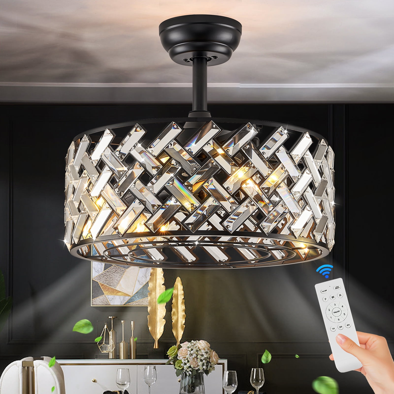 Modern Caged Ceiling Fan with Light Crystal Fandelier with Remote ...