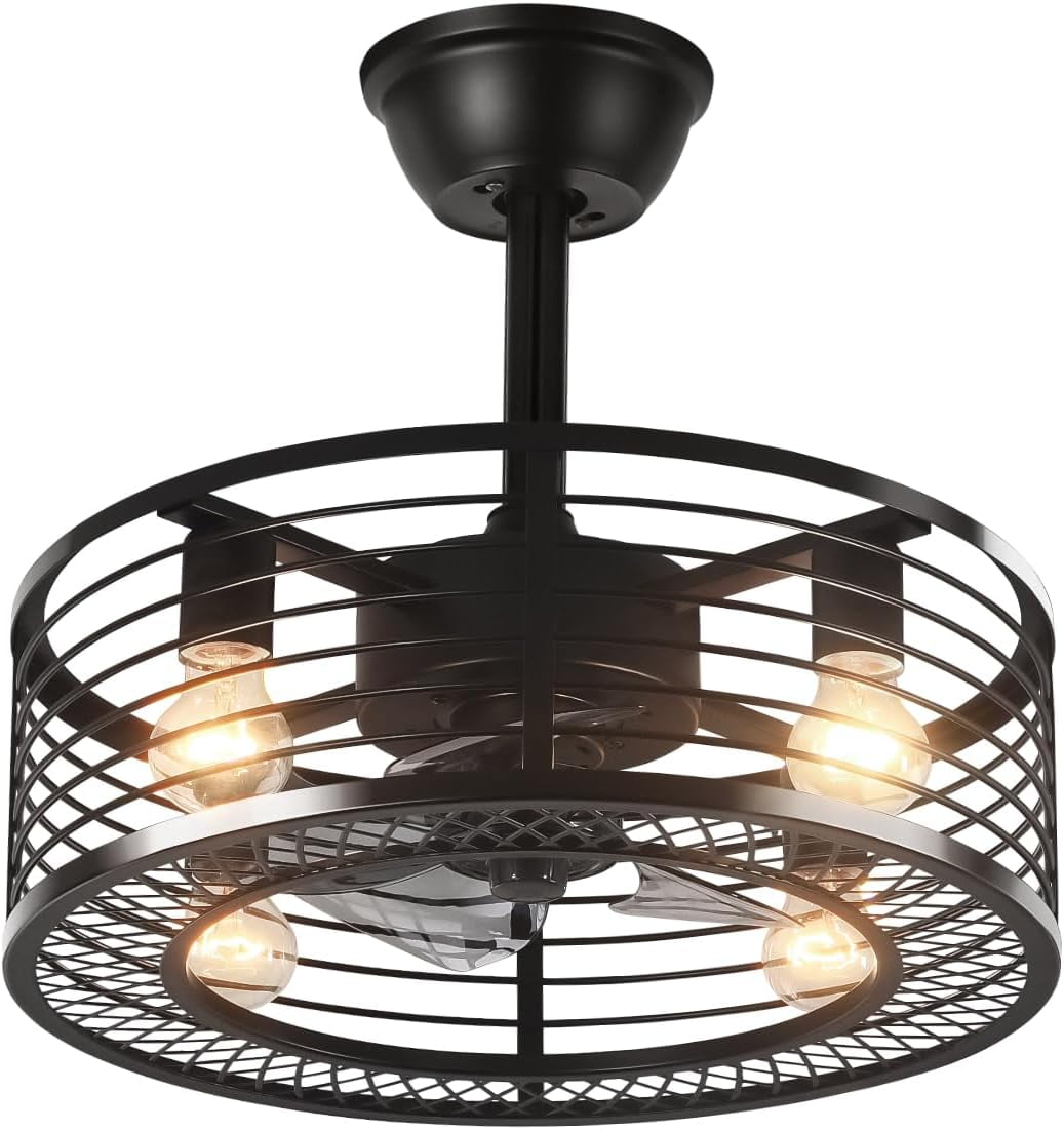 Modern Caged Ceiling Fan with Lights, 18'' Black Industrial Chandelier ...