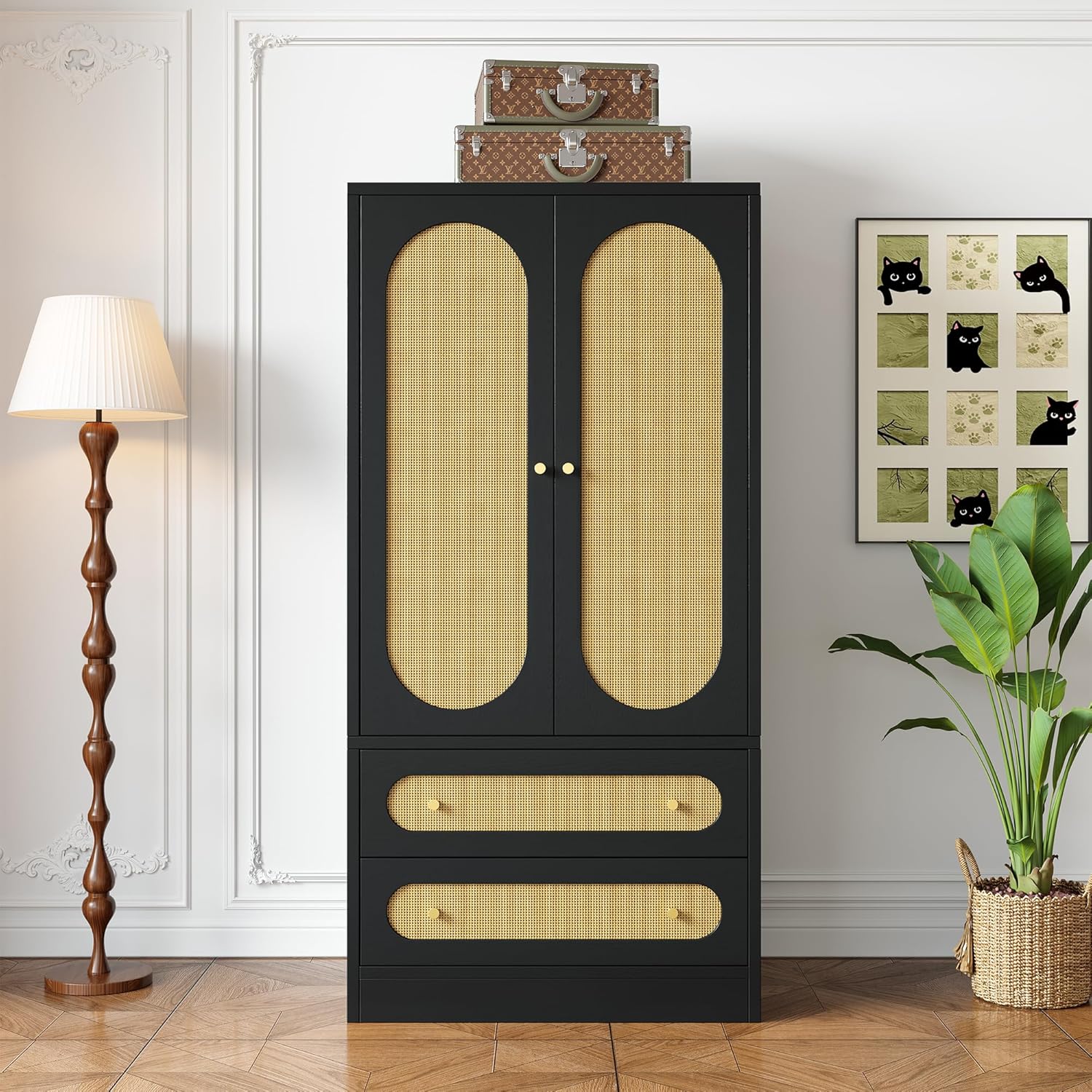 Modern Cane Wardrobe Cabinet with 2 Drawers, Stylish Boho Chic ...