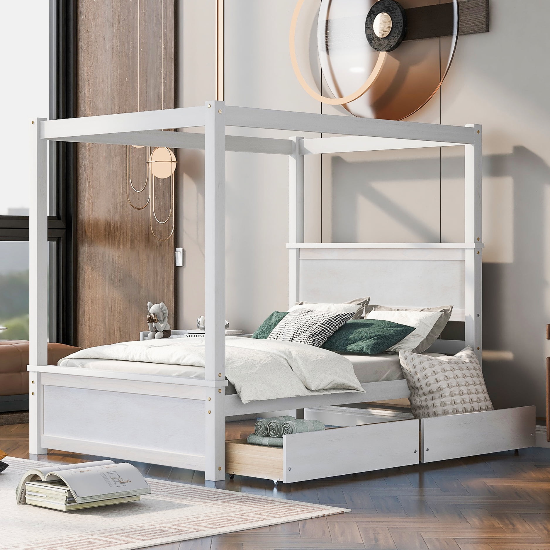 Modern Canopy Bed, Brushed White, 350lbs Weight Capacity, With 2 ...