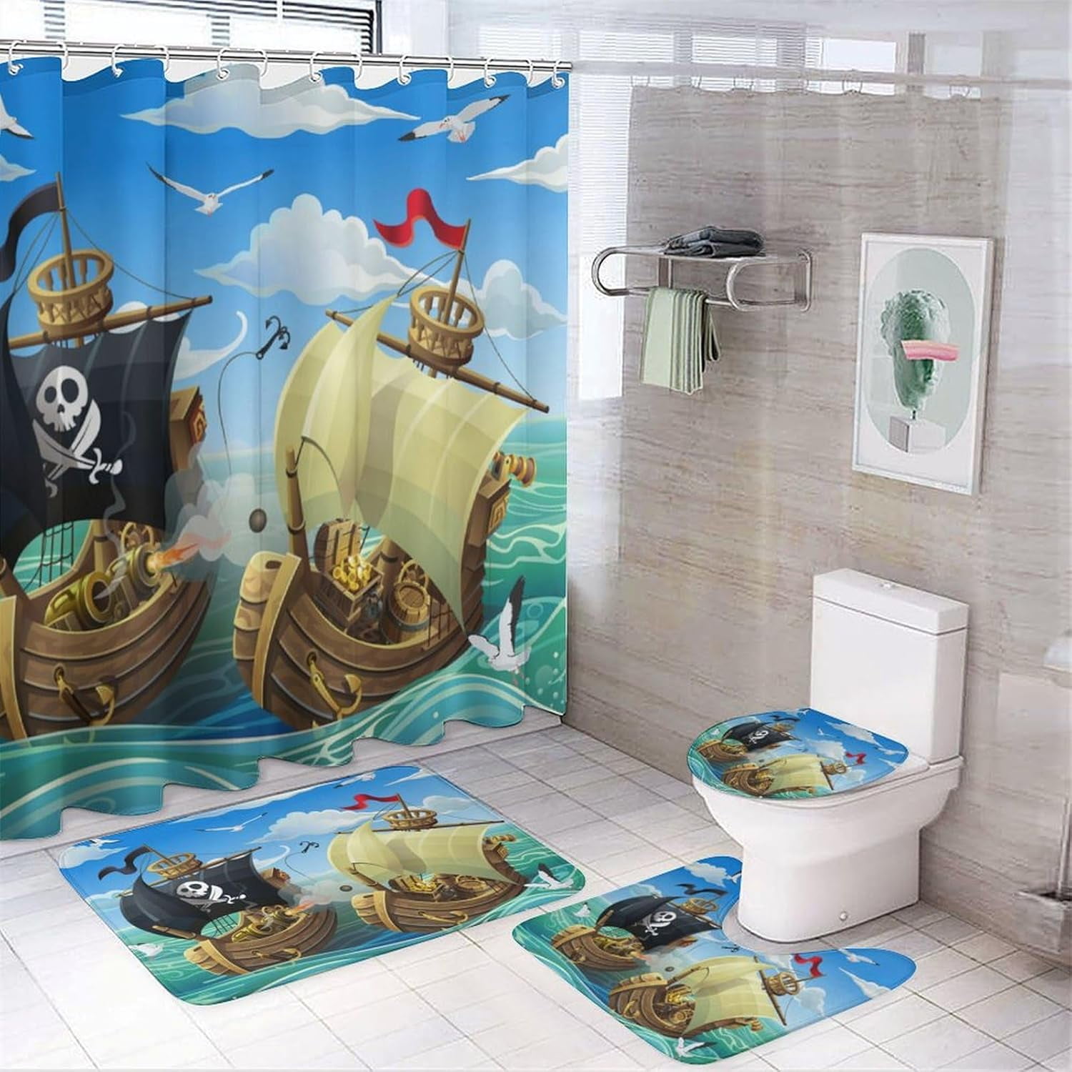Modern Cartoon Pirate Ship 4 Pcs Shower Curtain set,Watercolor Anime ...