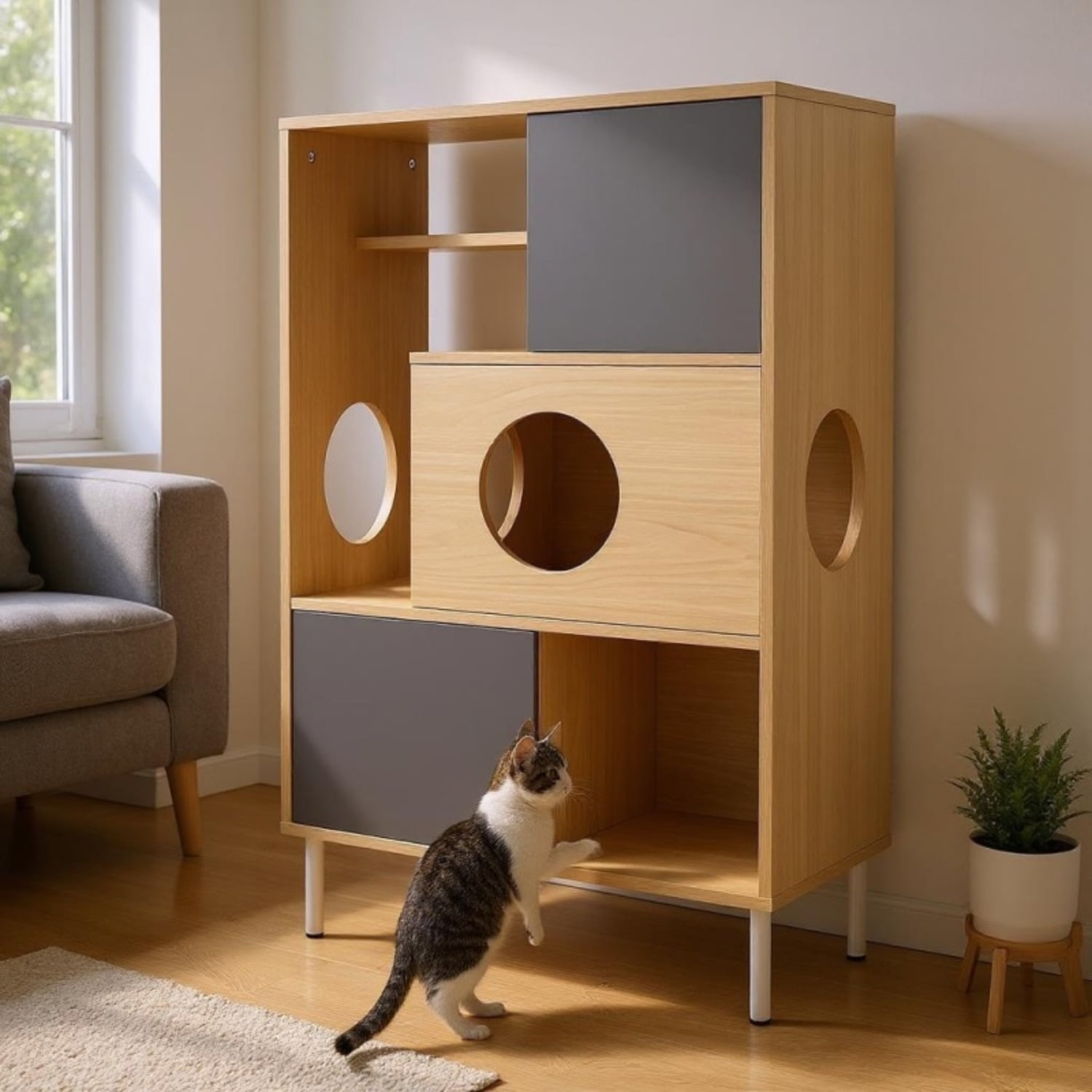 Furniture Style Modern Cat Bookcase Cat Tree Shelves With Storage ...