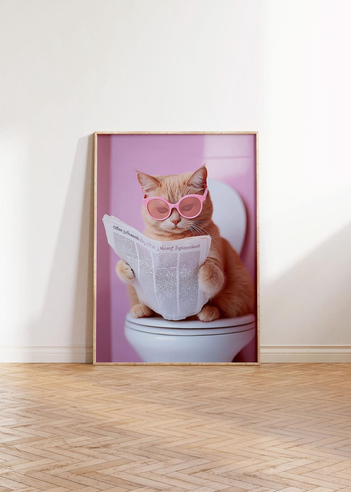 Modern Cat In Tet Reading Newspaper Bathroom Tet Animal Poster In Pink ...