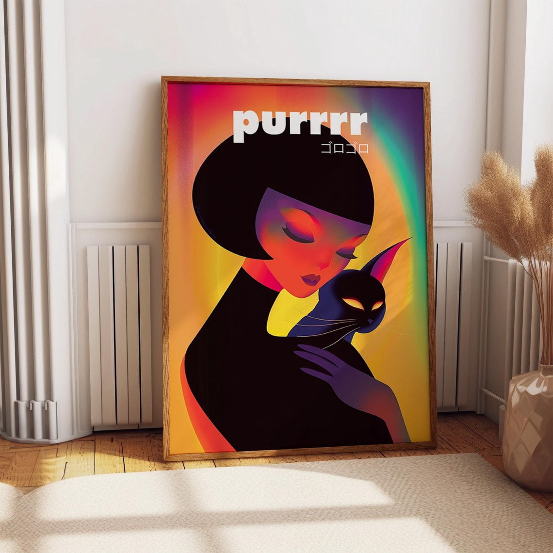 Modern Cat Lover Poster - Neon Woman And Black Cat Artwork For Home ...