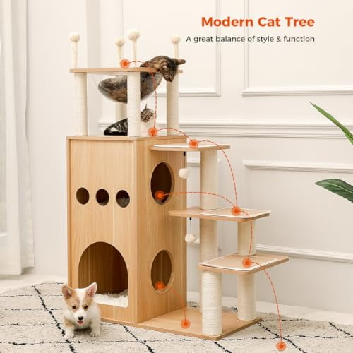 Modern Cat Tree for Large Cat, Wood Cat Tower Heavy Duty with Scratch ...