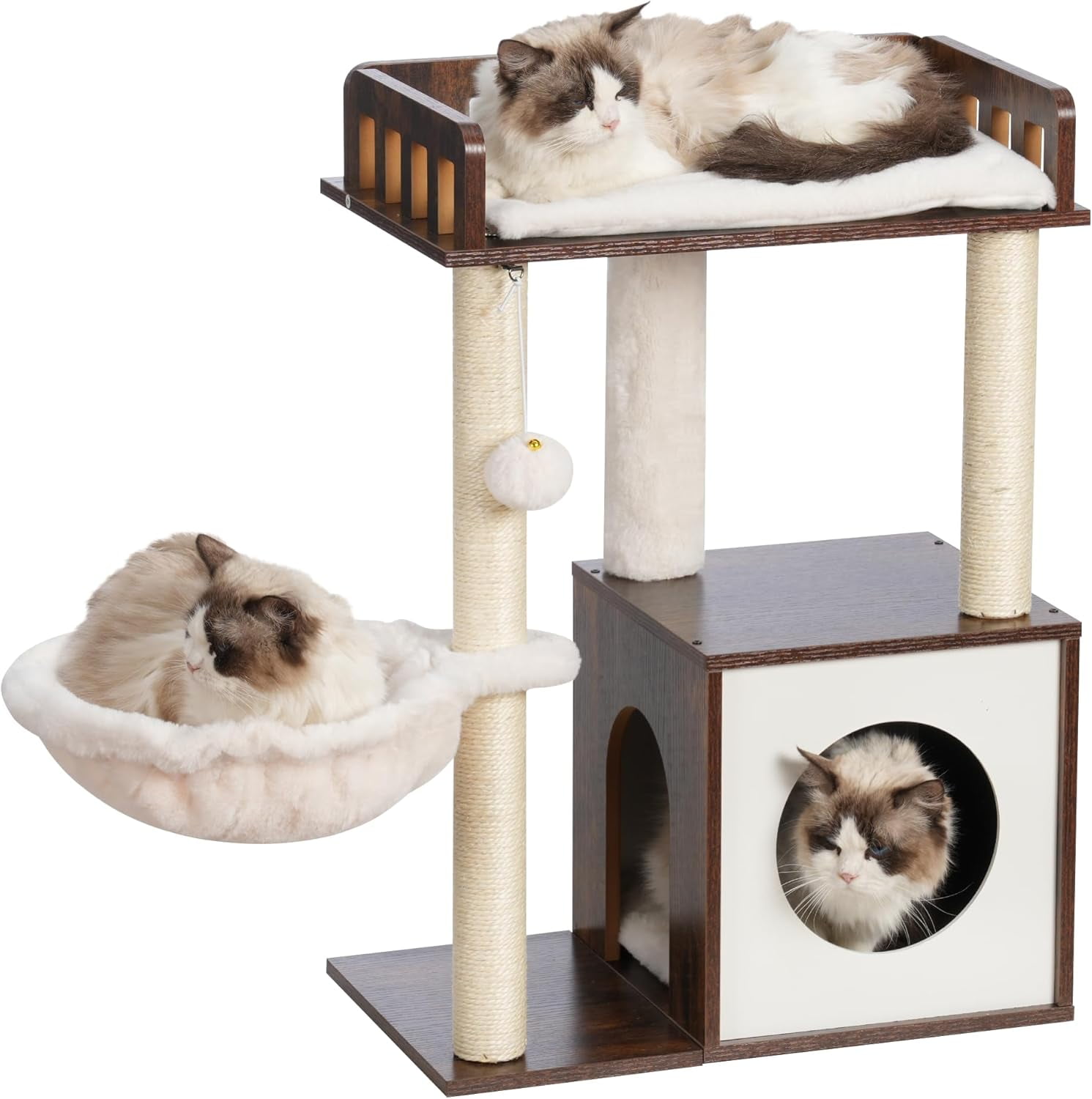 Modern Cat Tree, Wooden Cat Tower with 3 Scratching Posts, Cat Condo ...