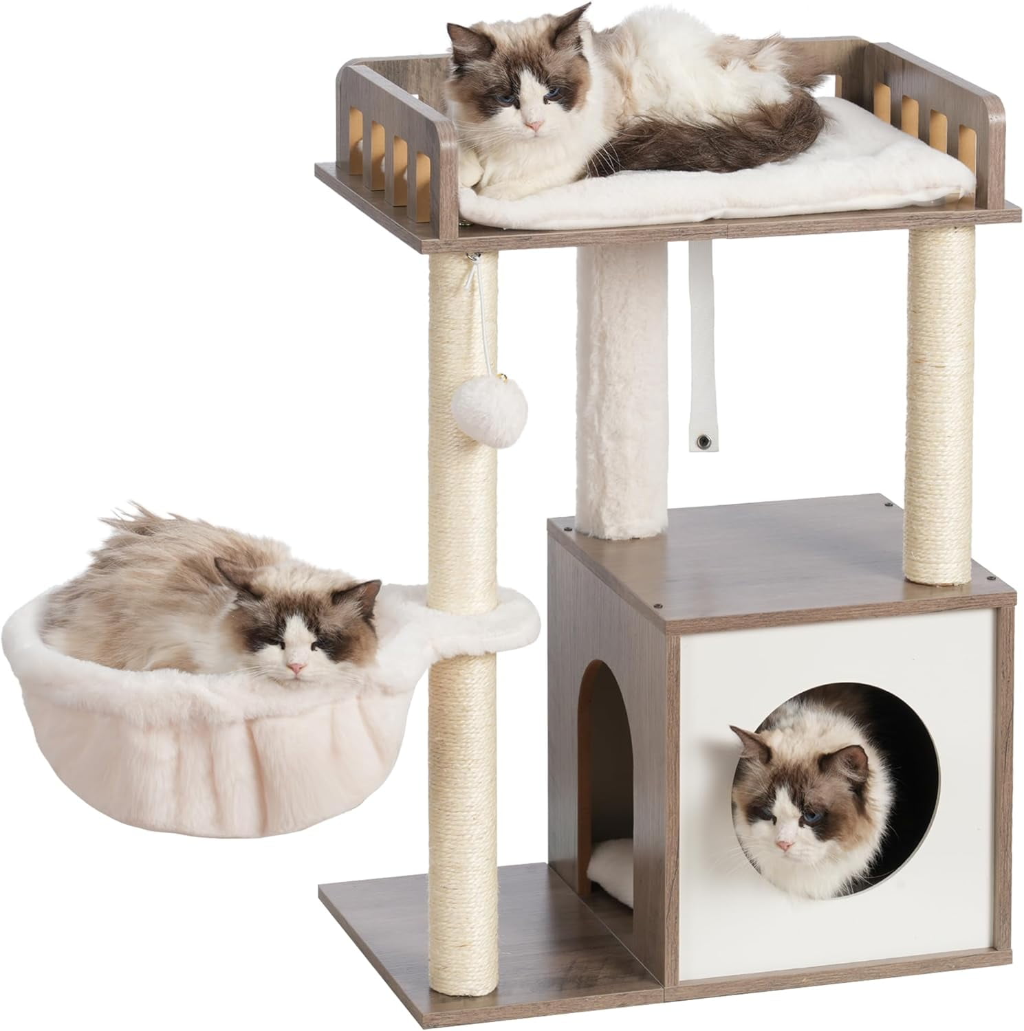 Modern Cat Tree, Wooden Cat Tower with 3 Scratching Posts, Cat Condo ...