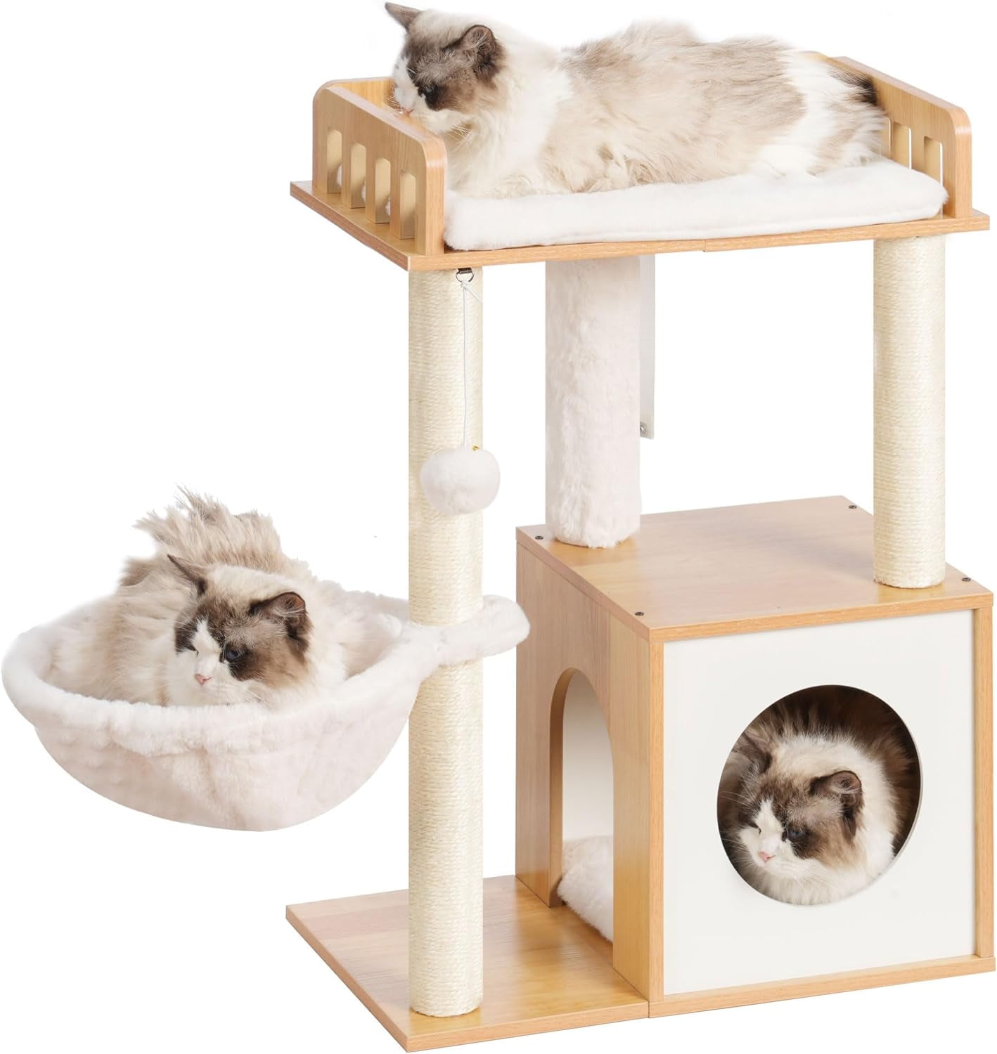 Modern Cat Tree, Wooden Cat Tower with 3 Scratching Posts, Cat Condo ...