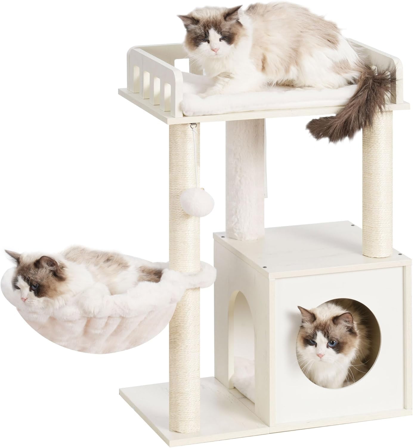 Modern Cat Tree, Wooden Cat Tower with 3 Scratching Posts, Cat Condo ...