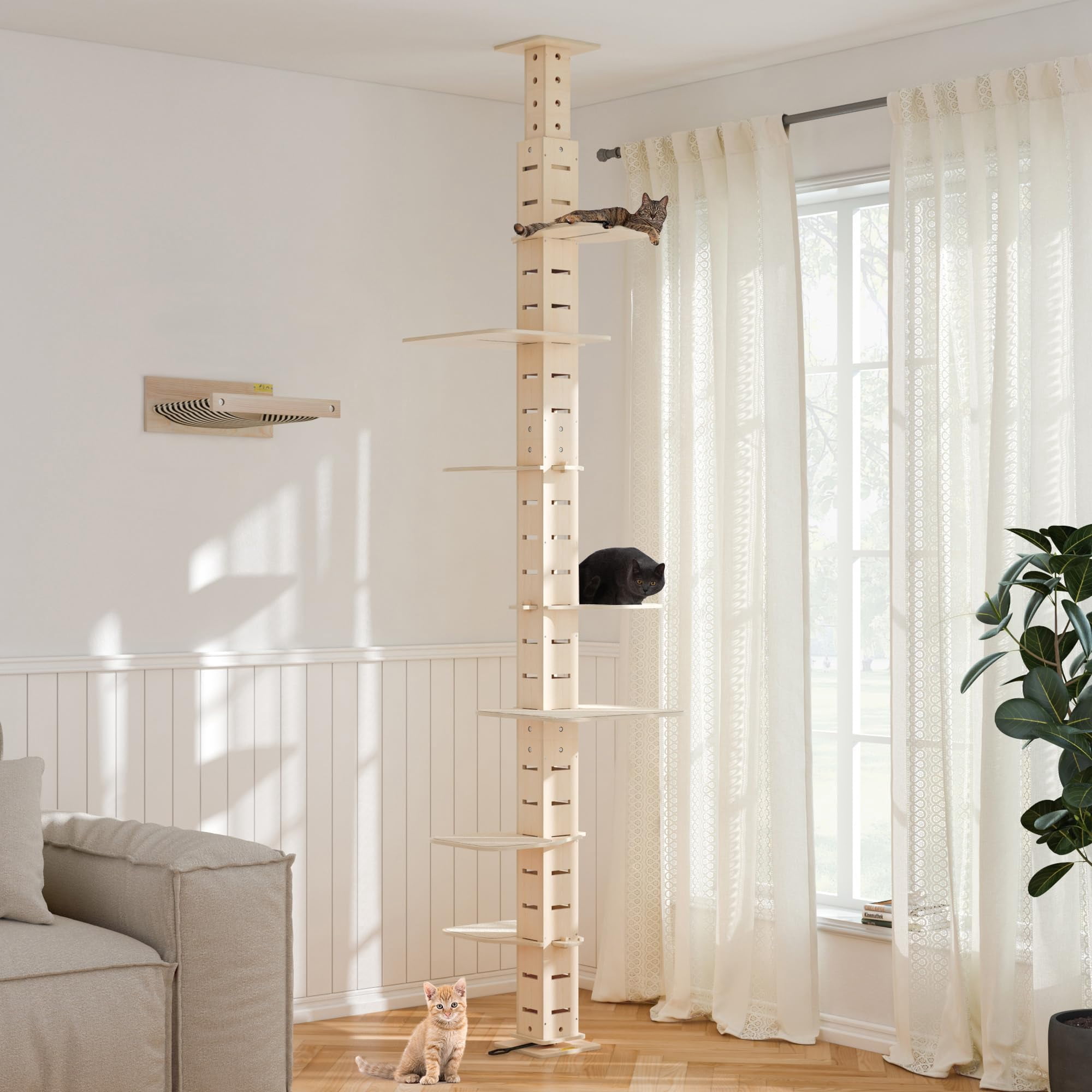 Modern Cat Tree for Large Cats, 7-Tier Floor to Ceiling Tower with Non ...