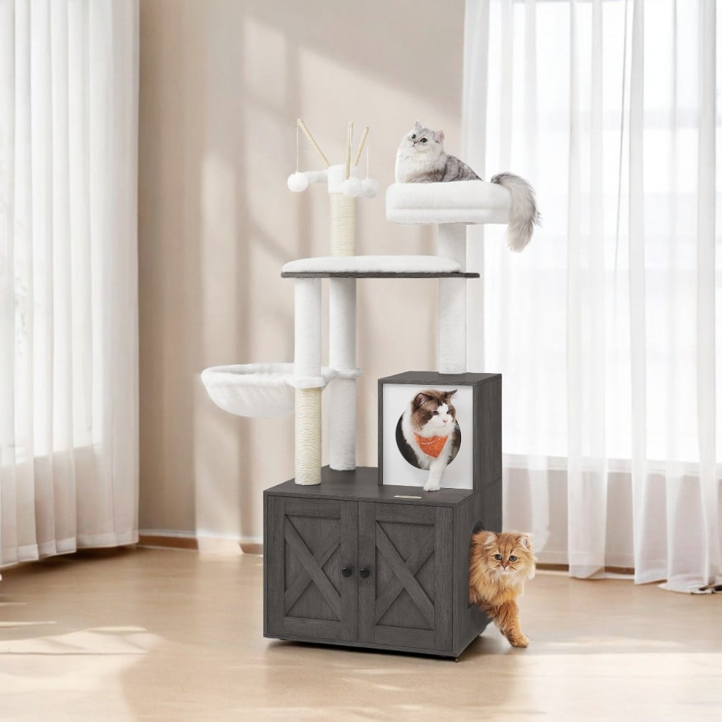 Modern Cat Tree with Litter Box Enclosure - 2-in-1 Cat Tower, 55.1-Inch ...