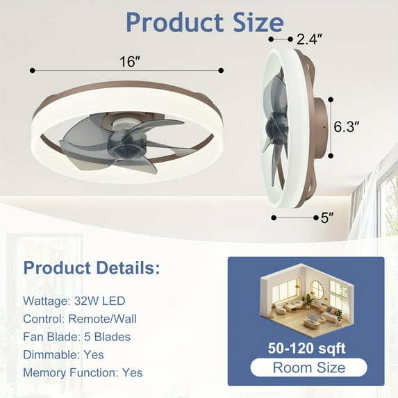 Modern Ceiling Fan Light with Dimmable LED, Available in 16 And 20 Inches, Suitable for Indoor ...