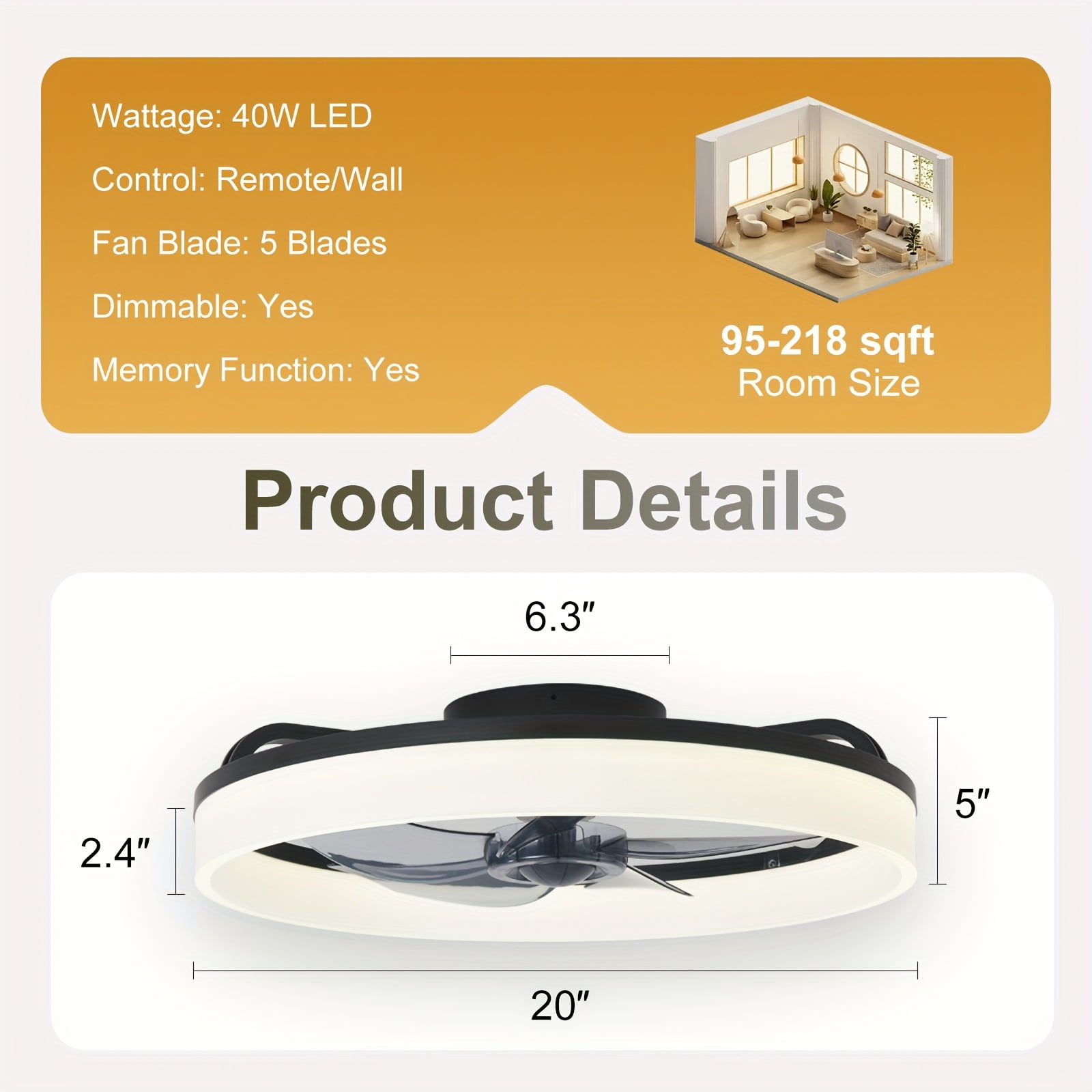 Modern Ceiling Fan Light with Dimmable LED, 16/20 Inch Low Profile ...