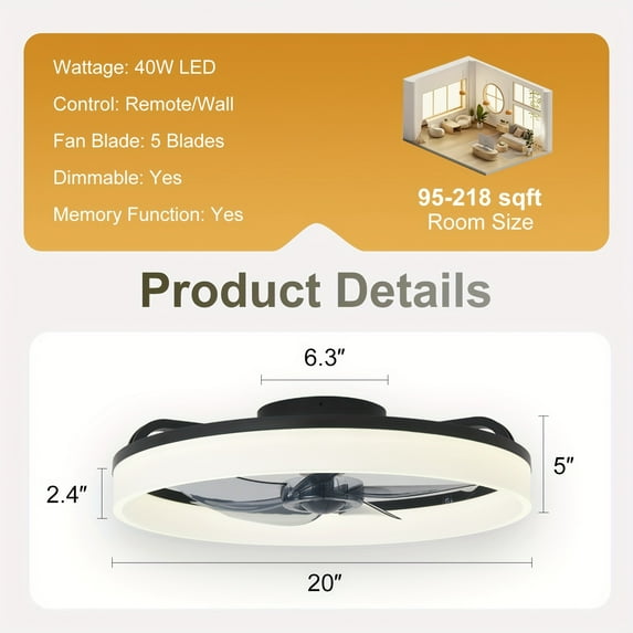 Modern Ceiling Fan Light with Dimmable LED, 16/20 Inch Low Profile ...