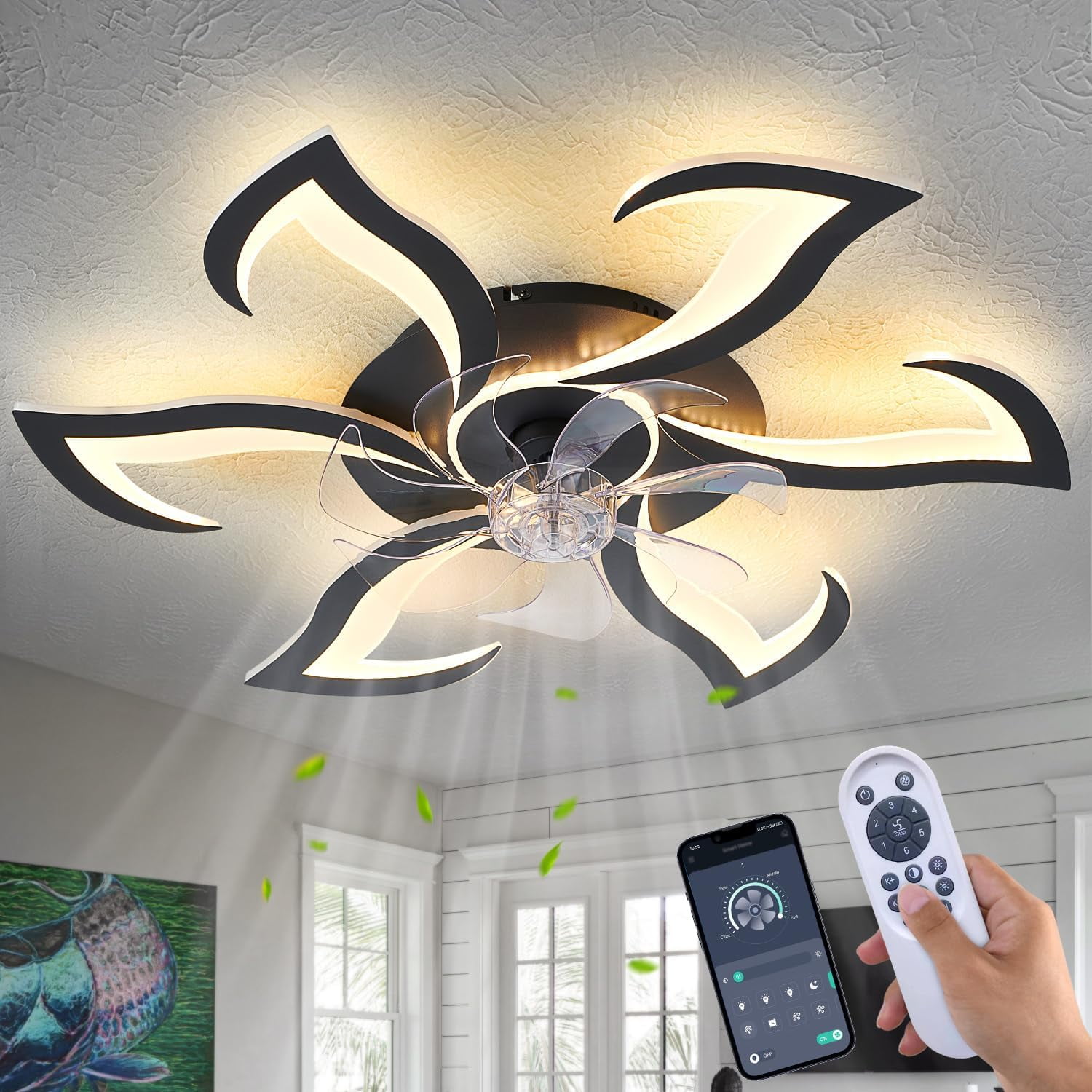 Modern Ceiling Fan with Lights and Remote Control, 32" Black Flush ...