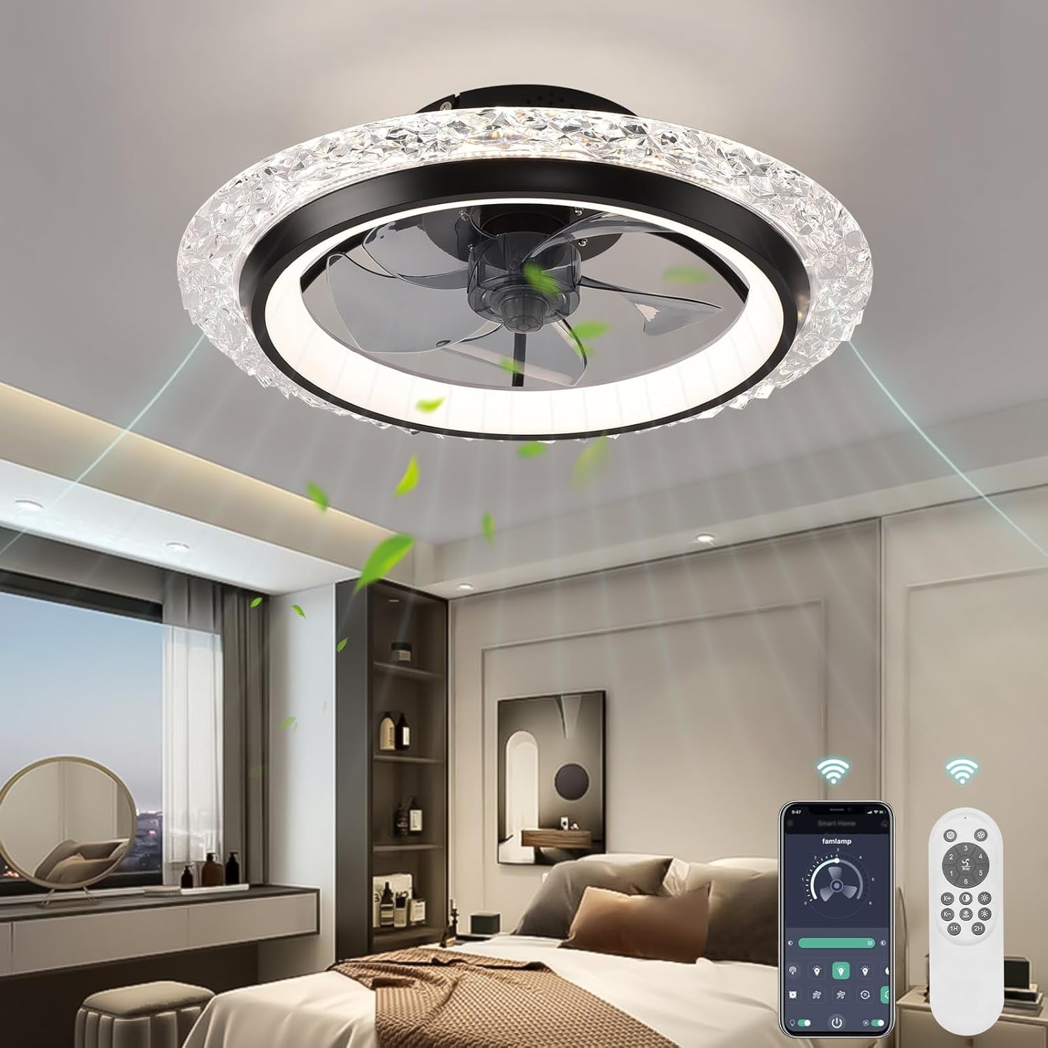 Modern Ceiling Fans with Lights, 19.7" Flush Mount Ceiling Fan with ...