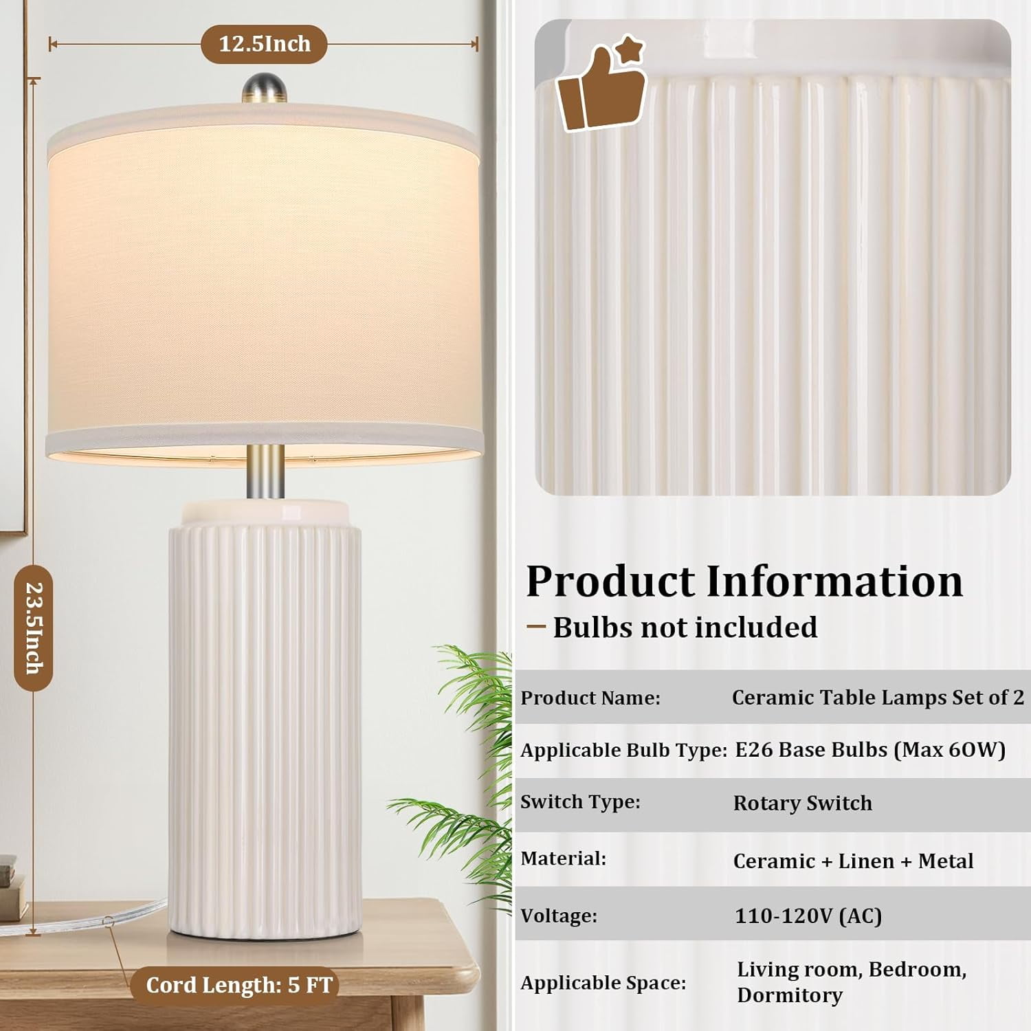 Modern Ceramic Table Lamps Set of 2 for Living Room, Farmhouse Vintage ...