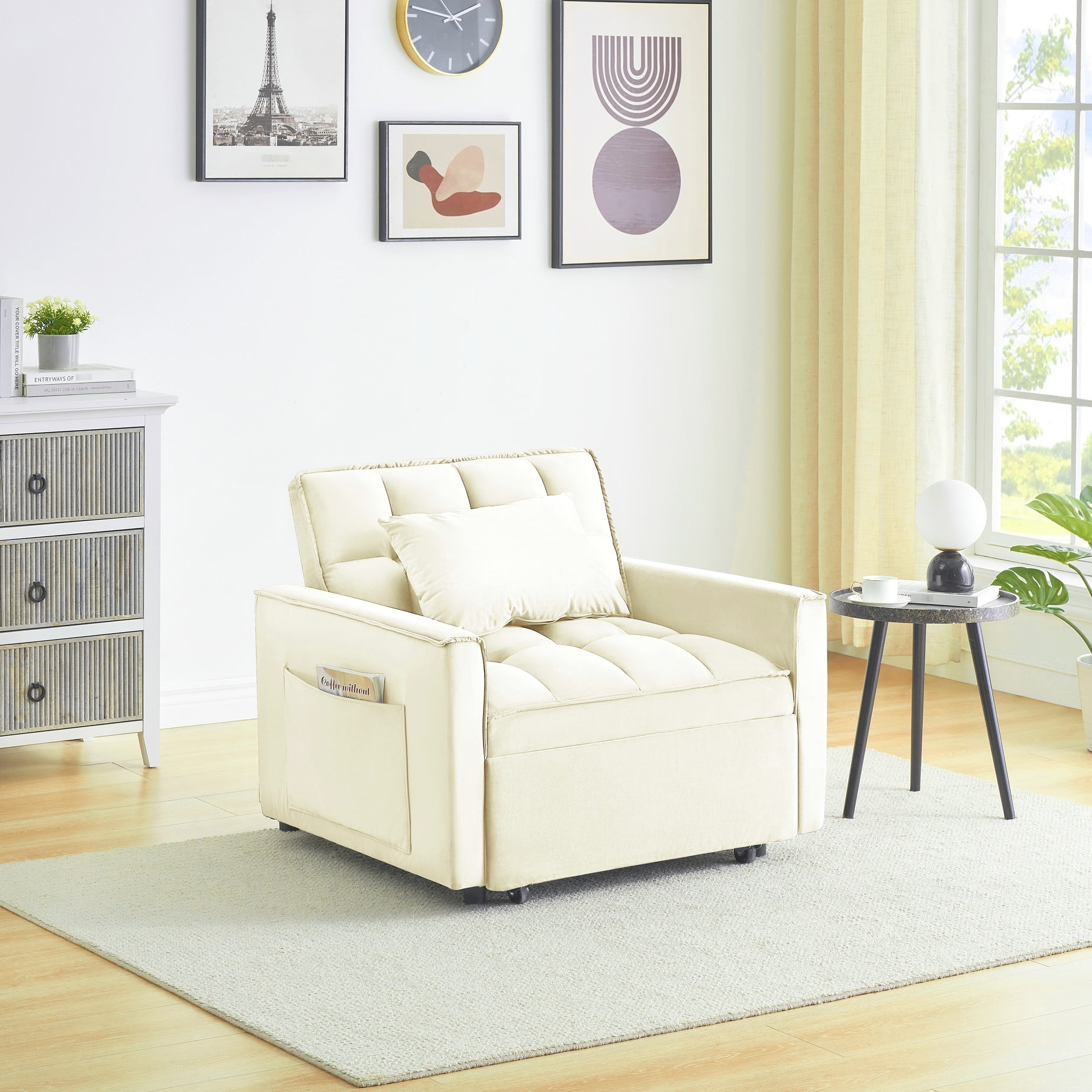 Modern Chair Bed, 1 Seat, Creamy White, Velvet, Adjustable Back, Brown ...