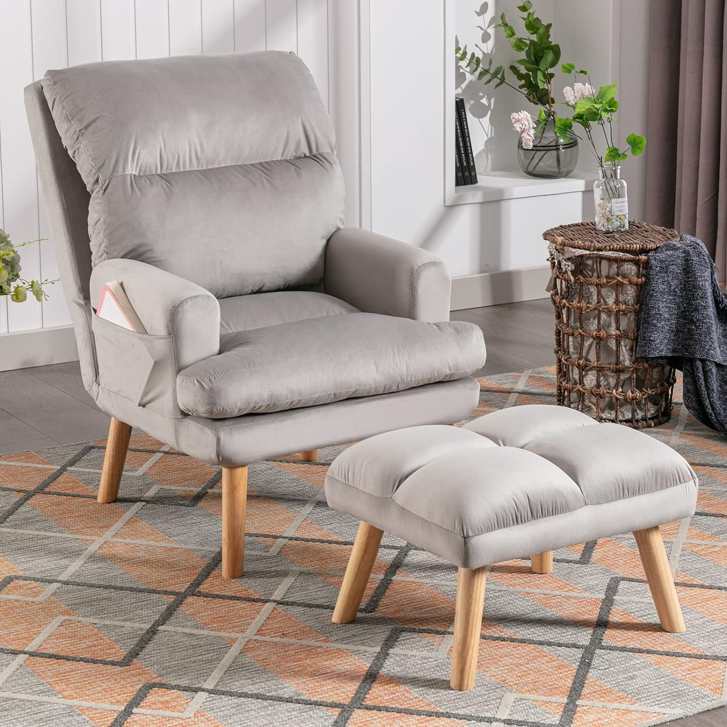 Modern Chair with Ottoman, Soft Fabric Armchair with Adjustable ...