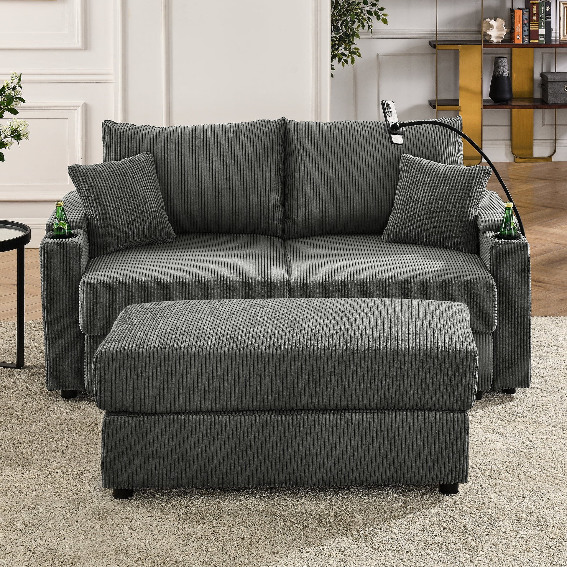 Modern Chair With Storage & , Grey Corduroy, 22.5in Deep Seat, Relaxing ...