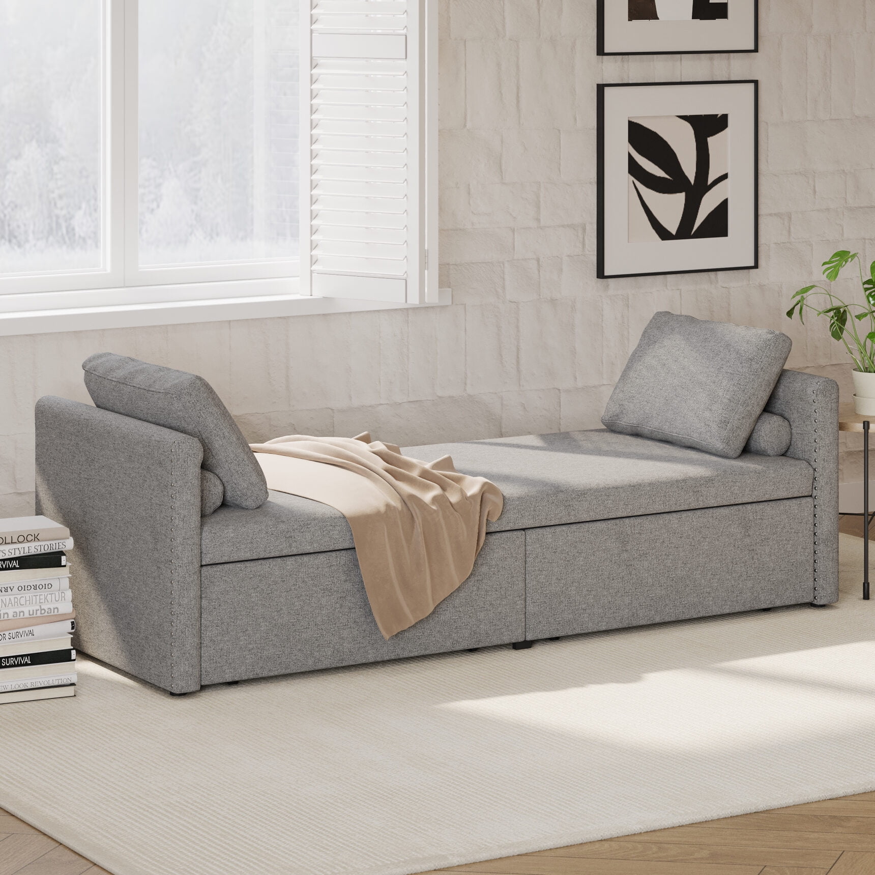Modern Chaise Lounger Daybed with Storage, Linen Fabric Upholstered ...