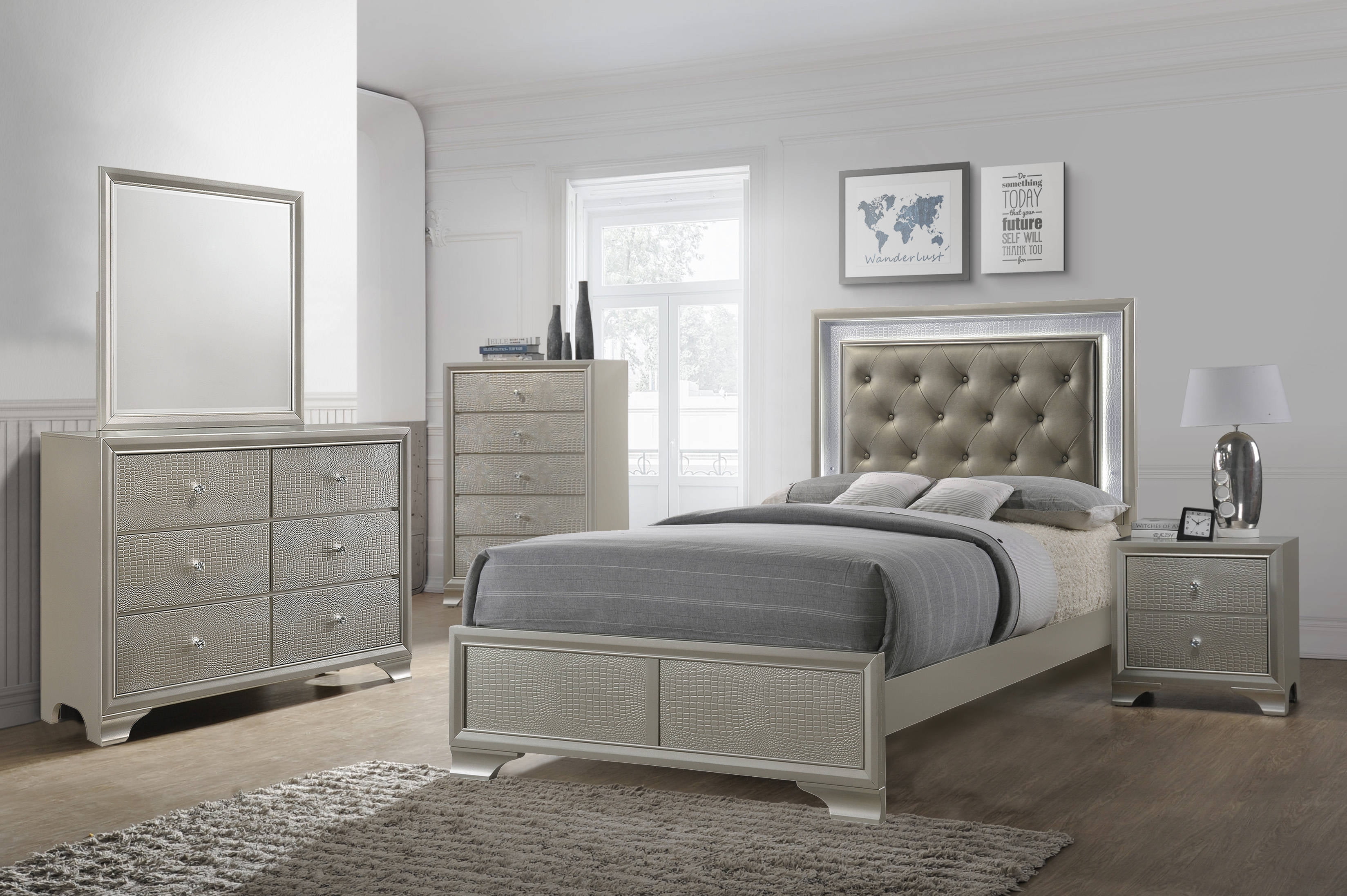 Modern Champagne Faux Finish 6pc Twin Size LED Backlit HB Bed Dresser ...