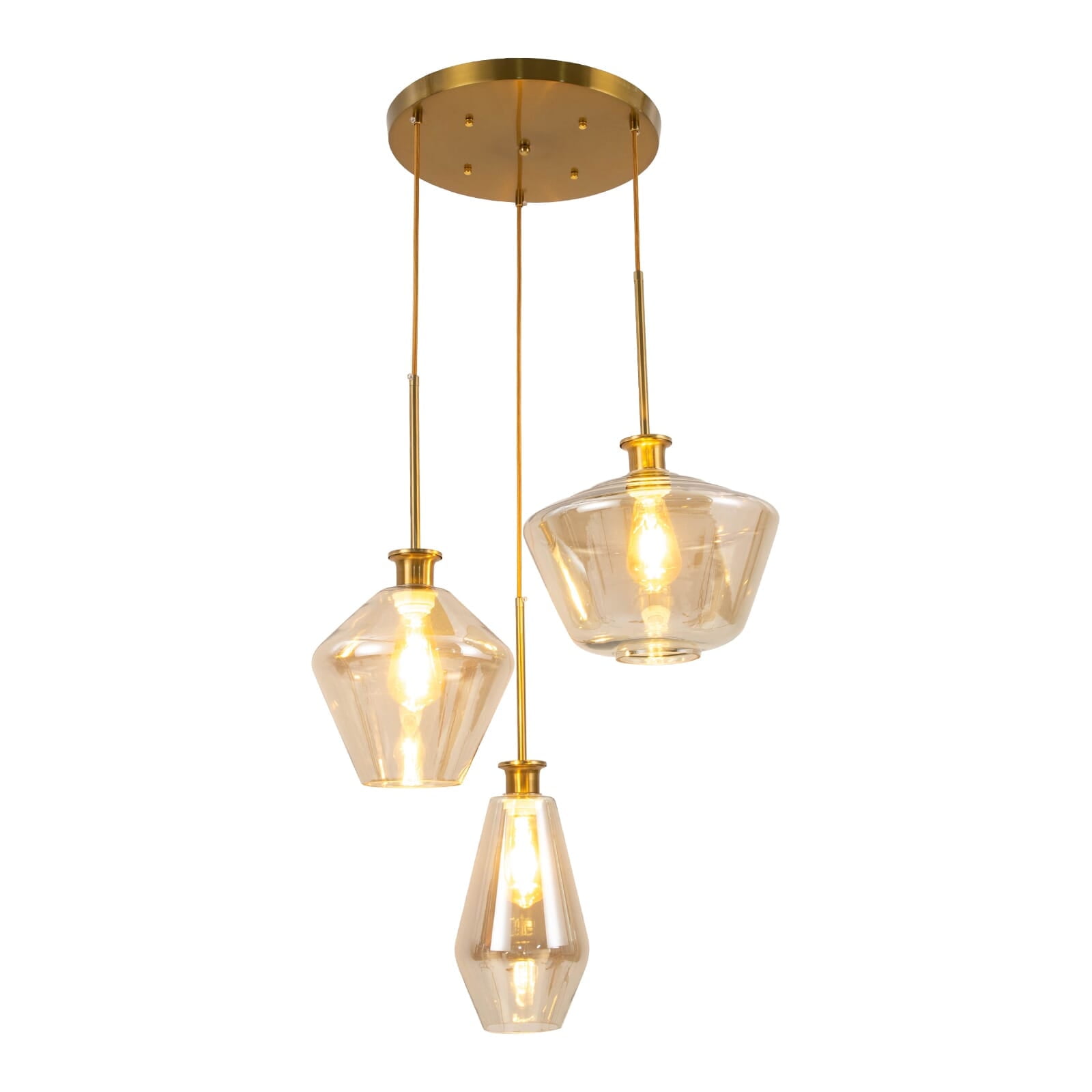 Modern 3-Light Champagne Gold Pendant Chandelier with Adjustable Height and Glass Lampshades for ...